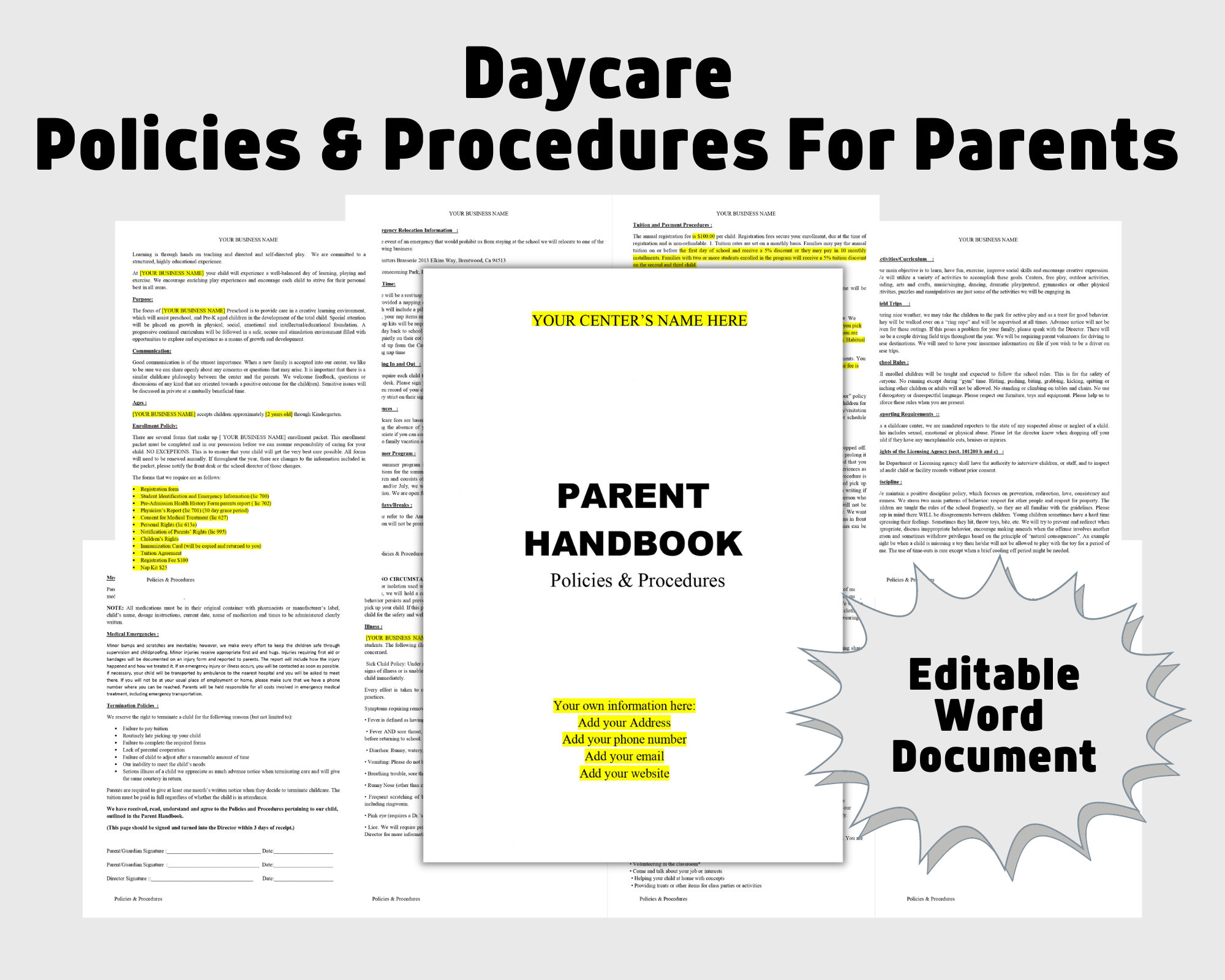 Daycare Parent Handbook: Policies and Procedures (WORD Document) - Etsy