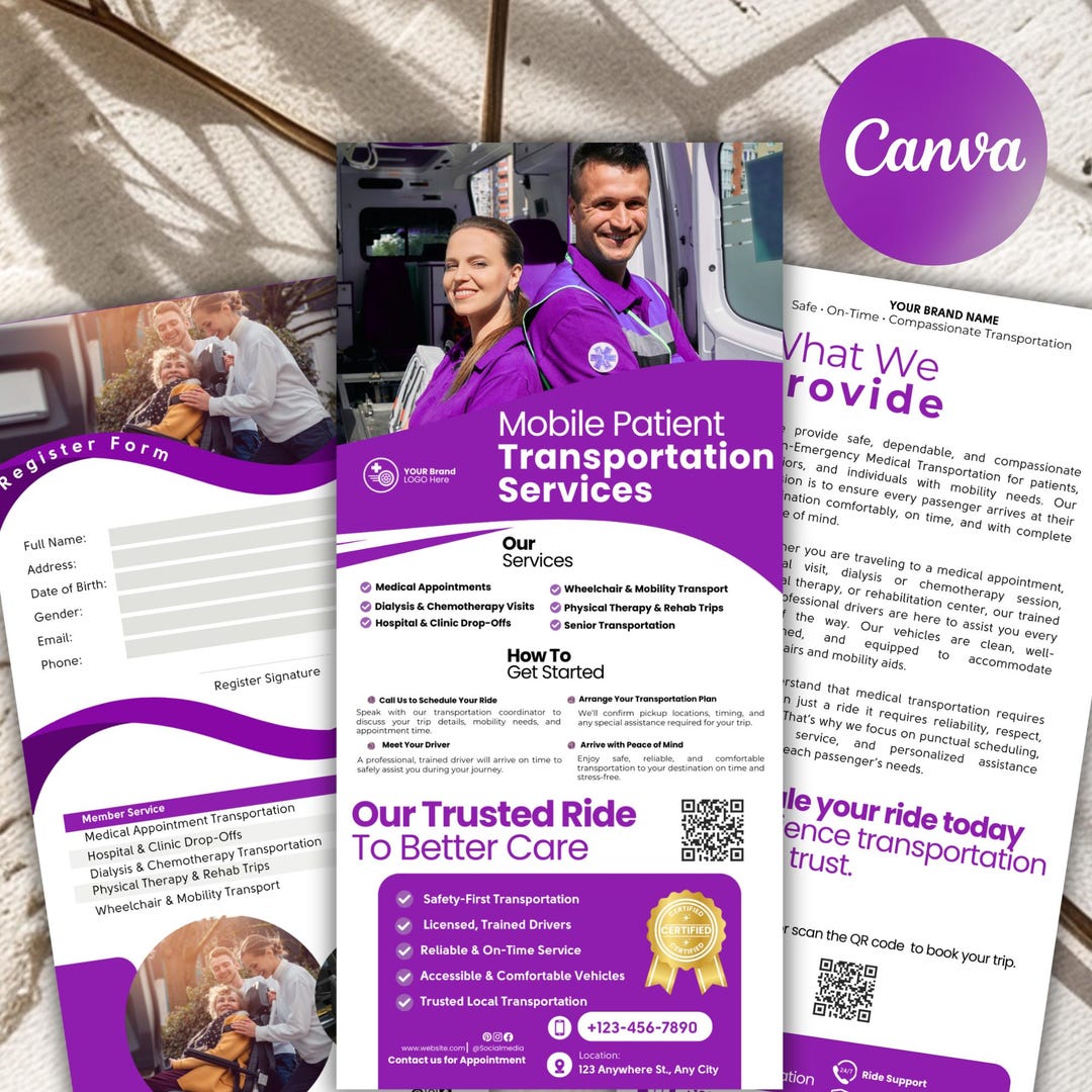 Mobile Patient Transport Rack Card Template, Canva NEMT Marketing ...
