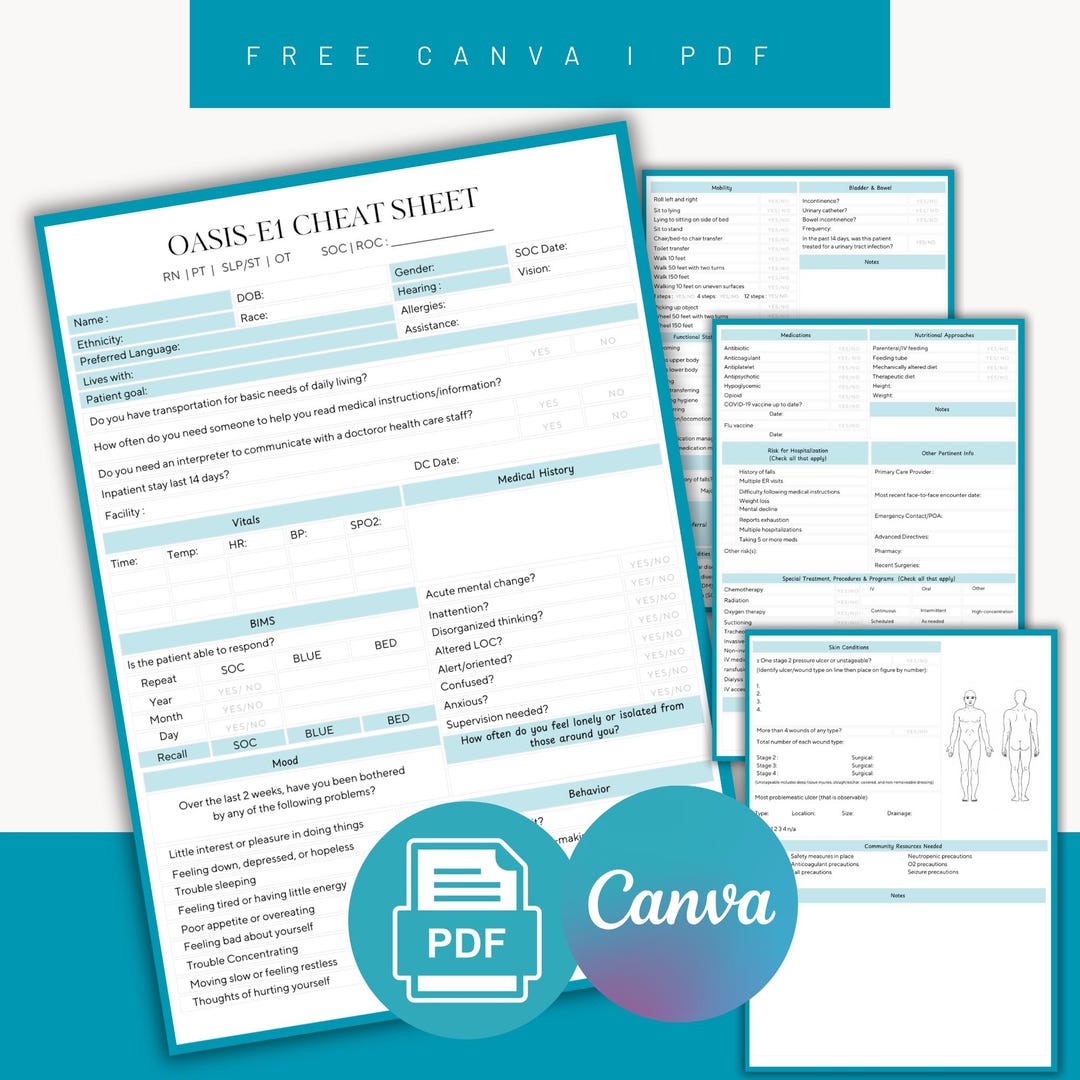 OASIS-E1 Cheat Sheet Canva Template, Home Health Assessment PDF, Caregiver & Clinician ...