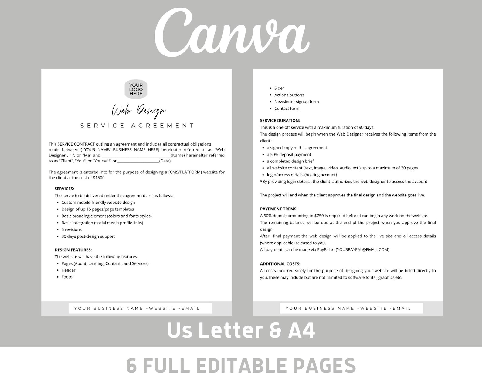 Freelance Web Design Contract Template: Editable Canva Agreement - Etsy