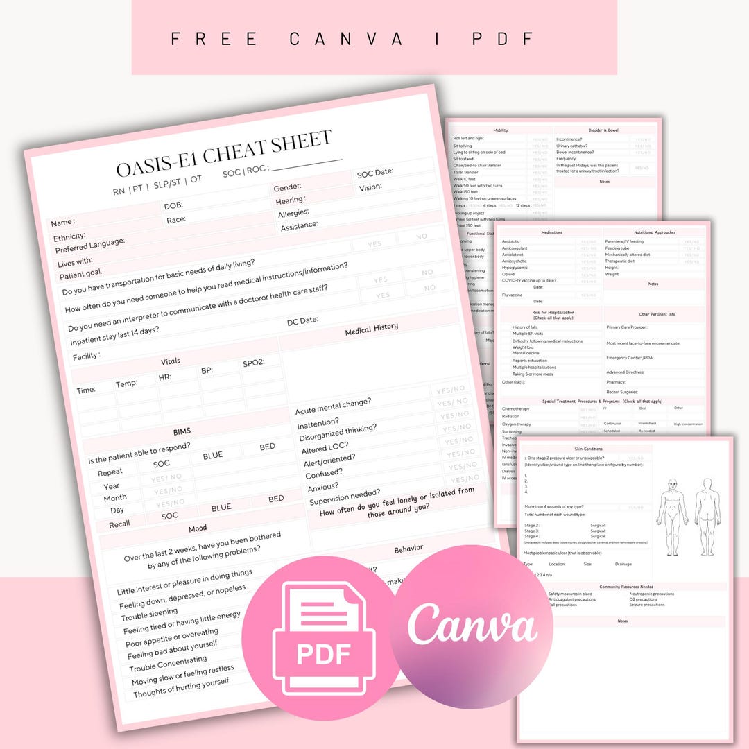 OASIS-E1 Cheat Sheet: Home Health Assessment Canva Template (PDF) - Etsy