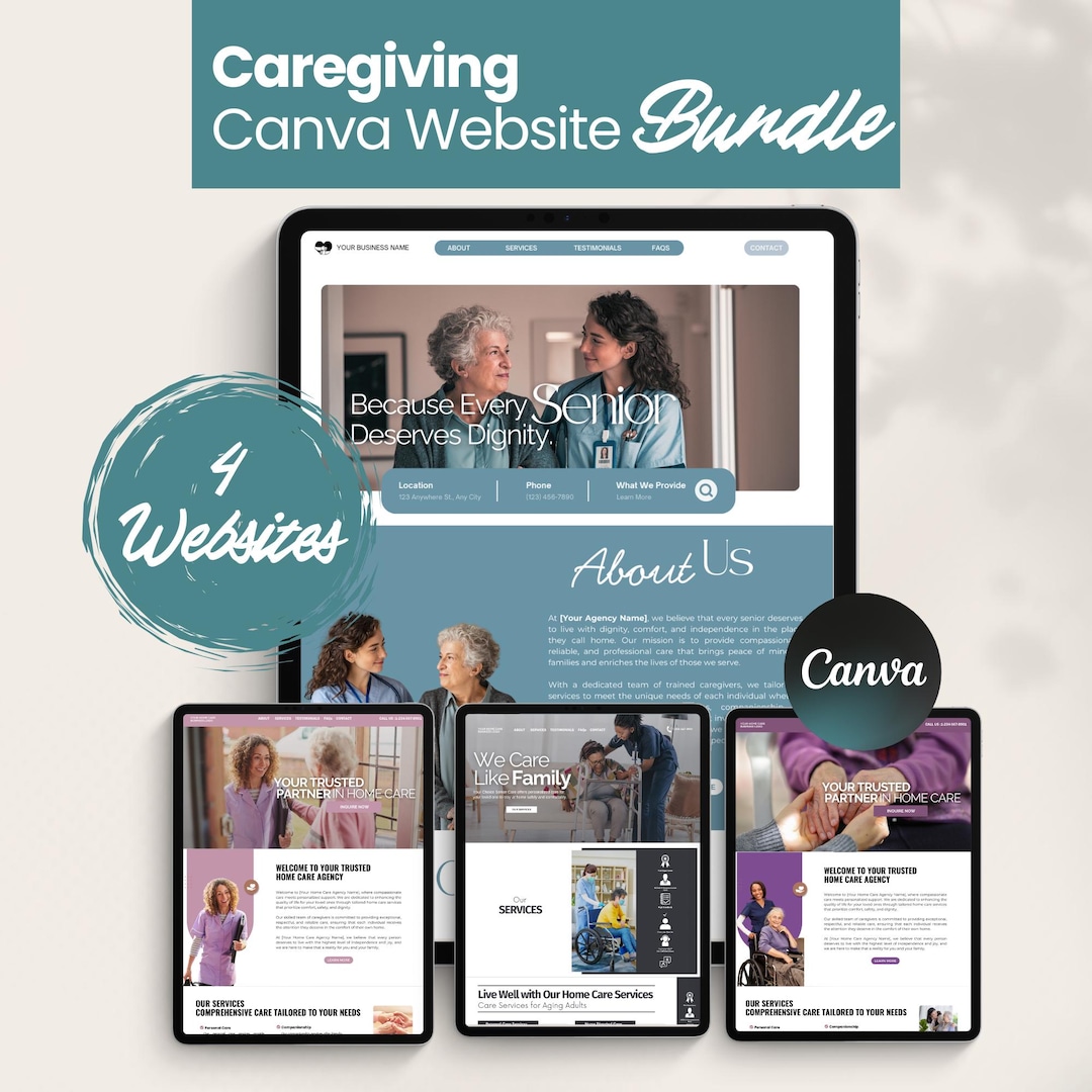 Caregiving Website Templates Bundle: Home Care Canva Designs (4 Designs ...