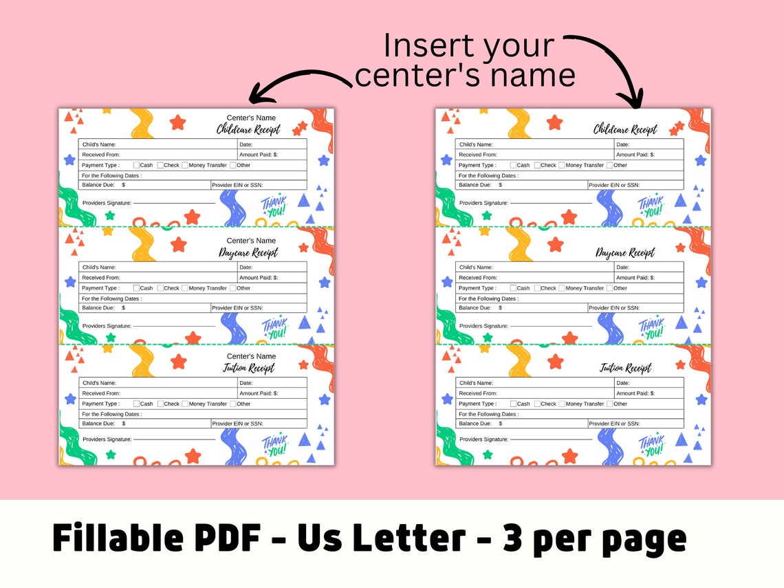 Cute Daycare Receipts, Childcare Receipts, Tuition Receipt,printable ...