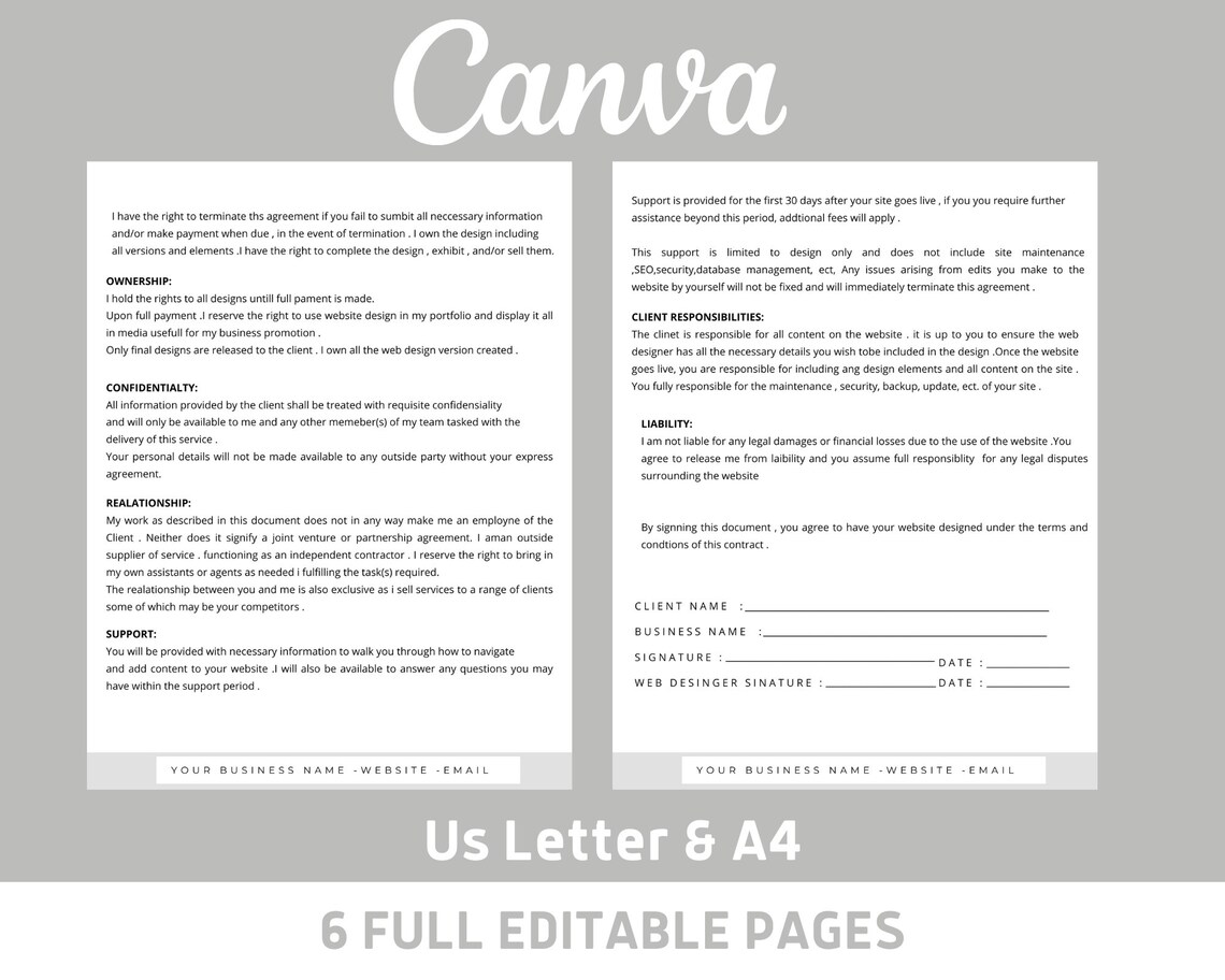 Freelance Web Design Contract Template: Editable Canva Agreement - Etsy
