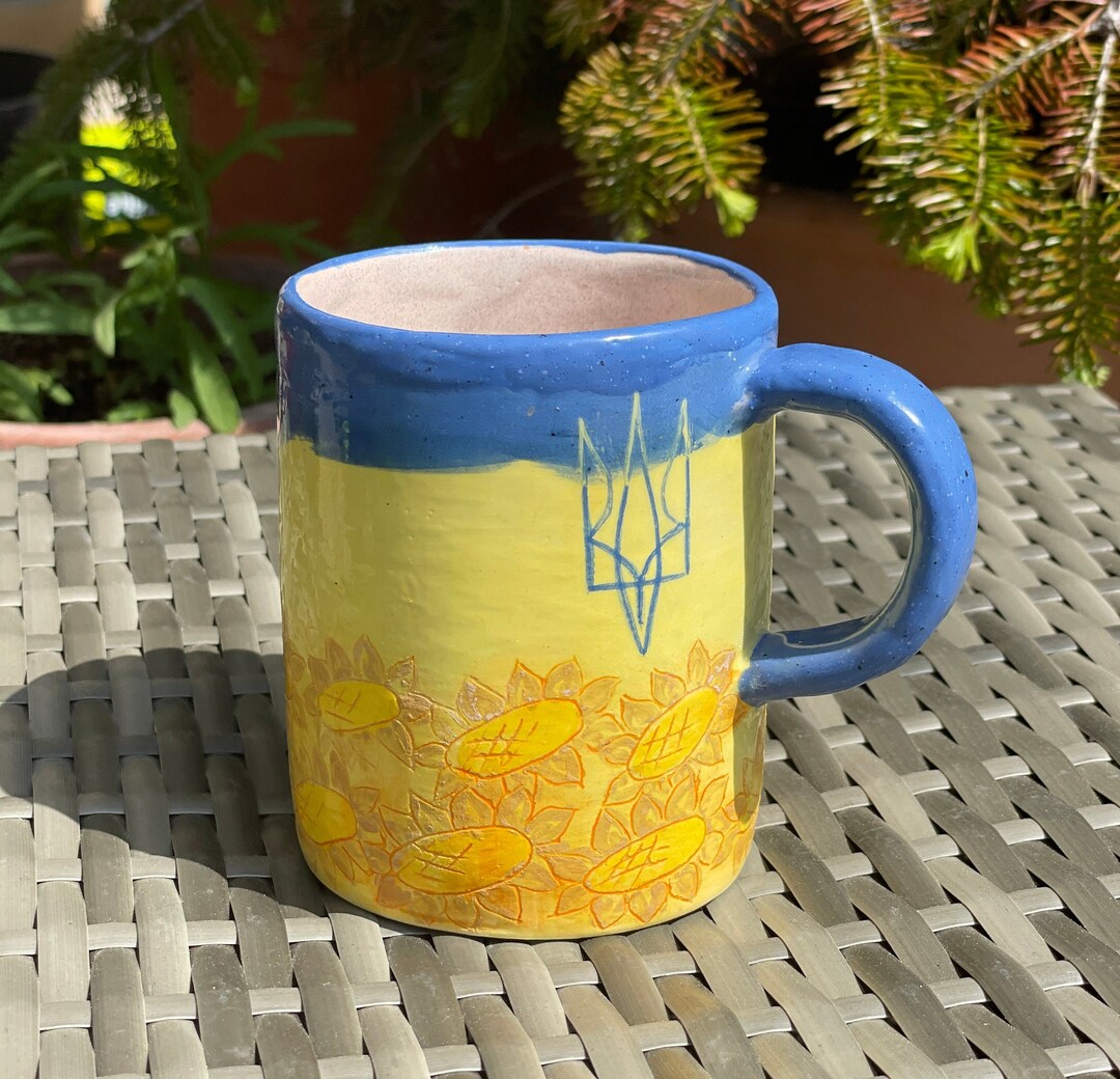 Tall Tea Cup With Ukrainian Coat of Arms, Coffee Mug With Sunflowers ...