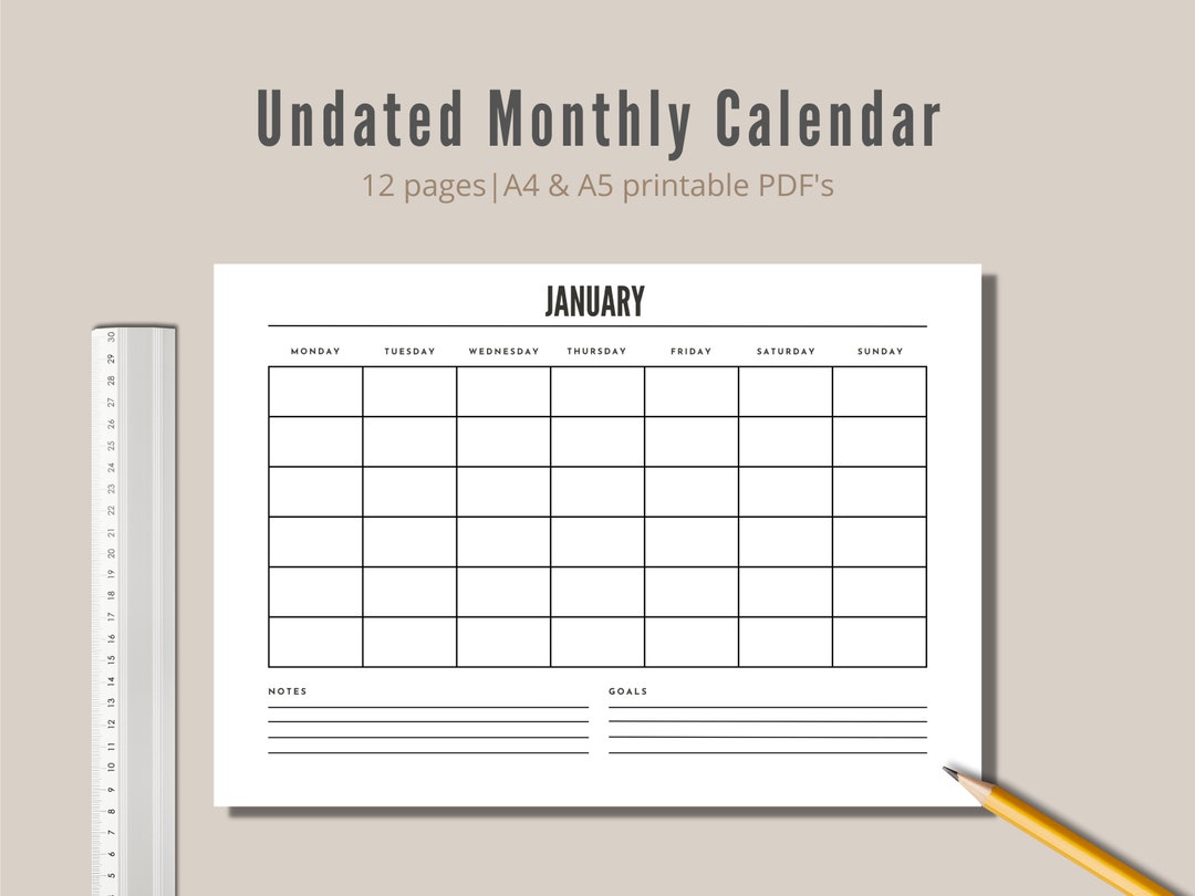 Undated Monthly Landscape Calendar, Minimalist Simplistic Calendar ...
