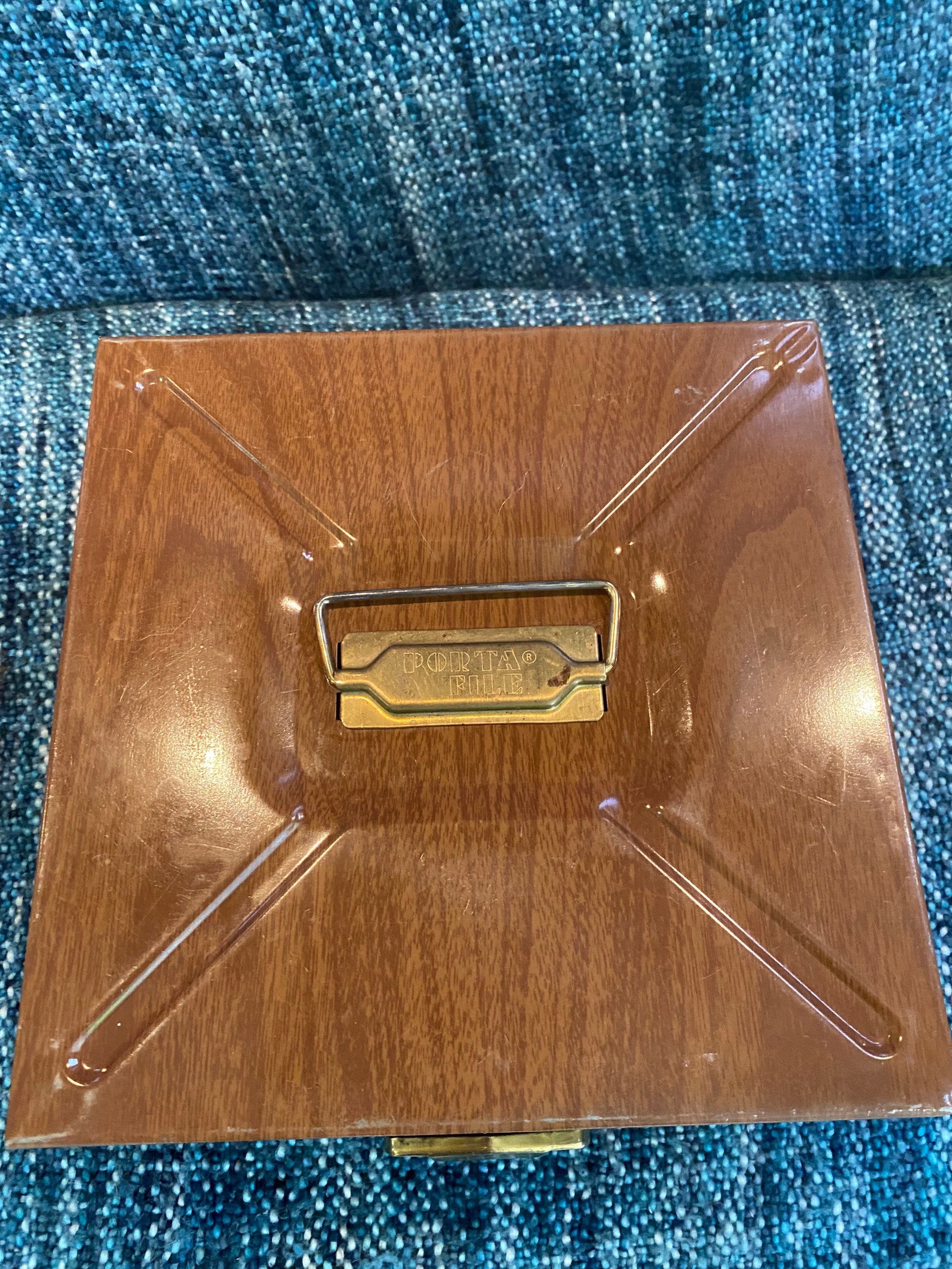 Vintage Porta-file Check File Metal Storage Box W/ Key Wood Lithograph ...