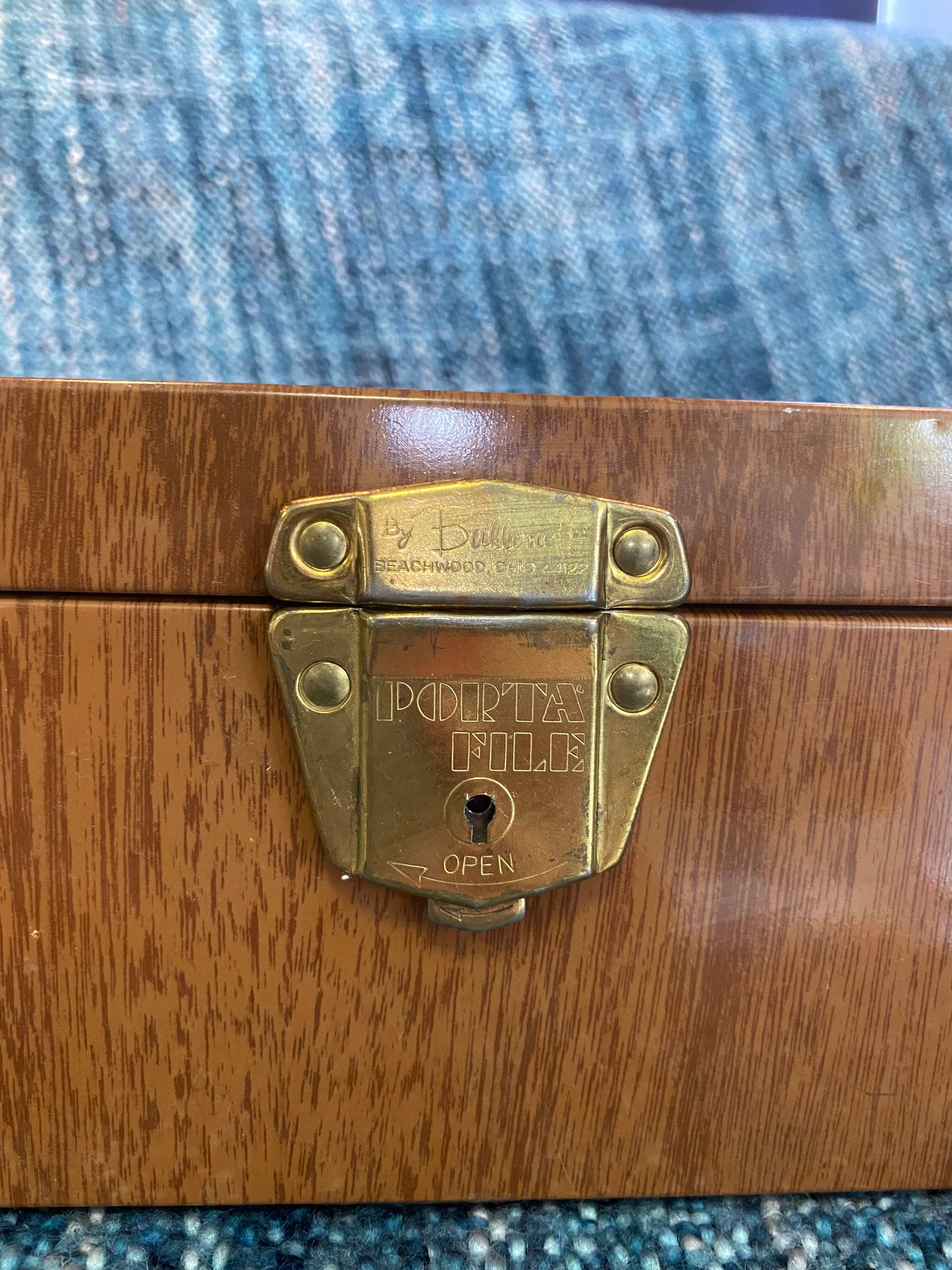 Vintage Porta-file Check File Metal Storage Box W/ Key Wood Lithograph ...