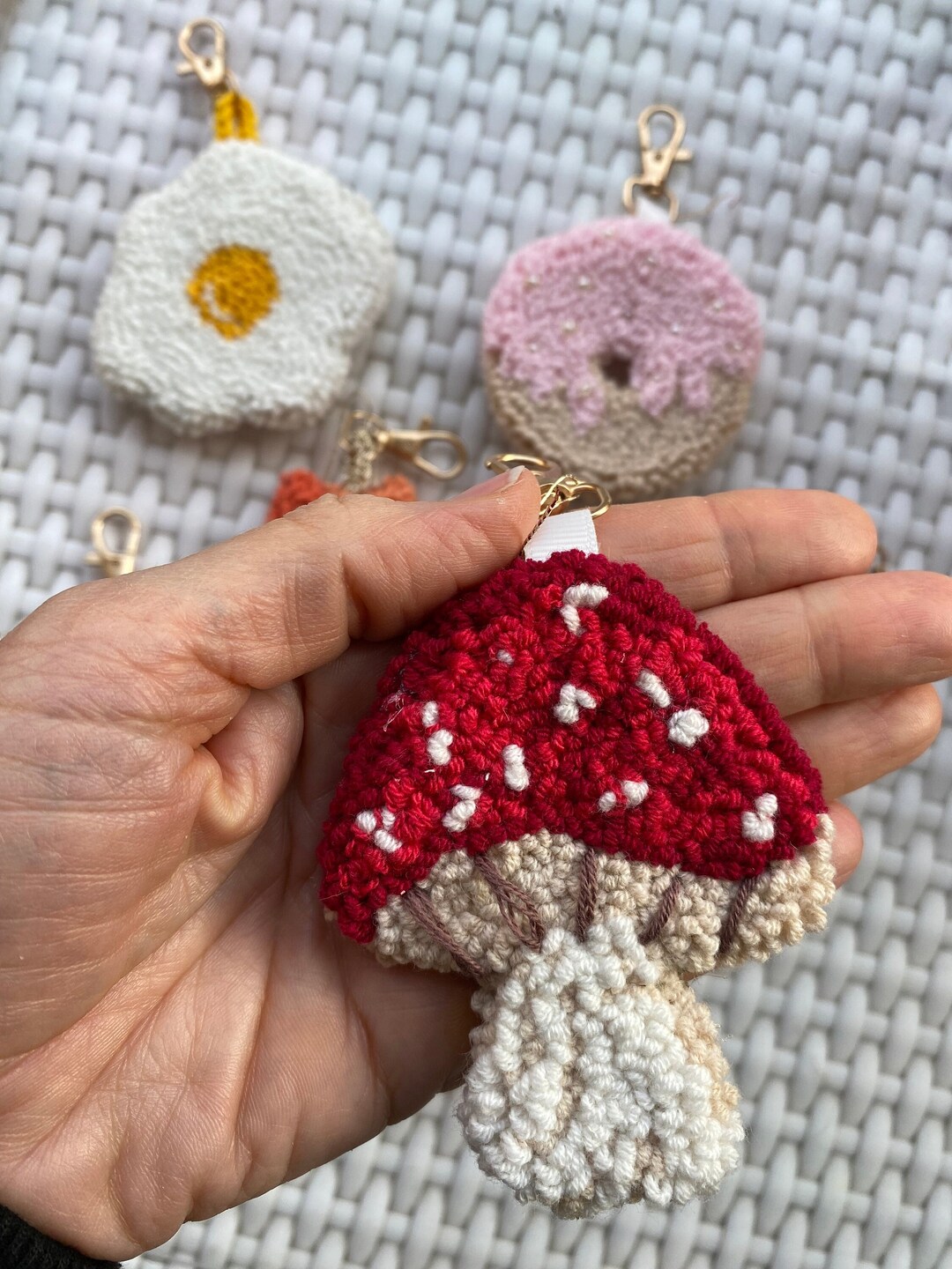 Hand Tufted Punch Needle Mushroom Keychain, Cactus Pattern Keyring ...