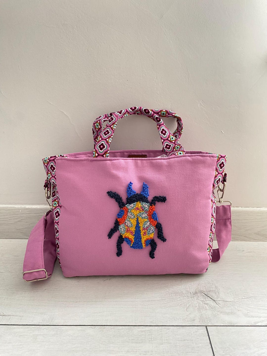 Hand-embroidered Ladybird Linen Tote Bag: Lilac Shoulder Bag - Etsy