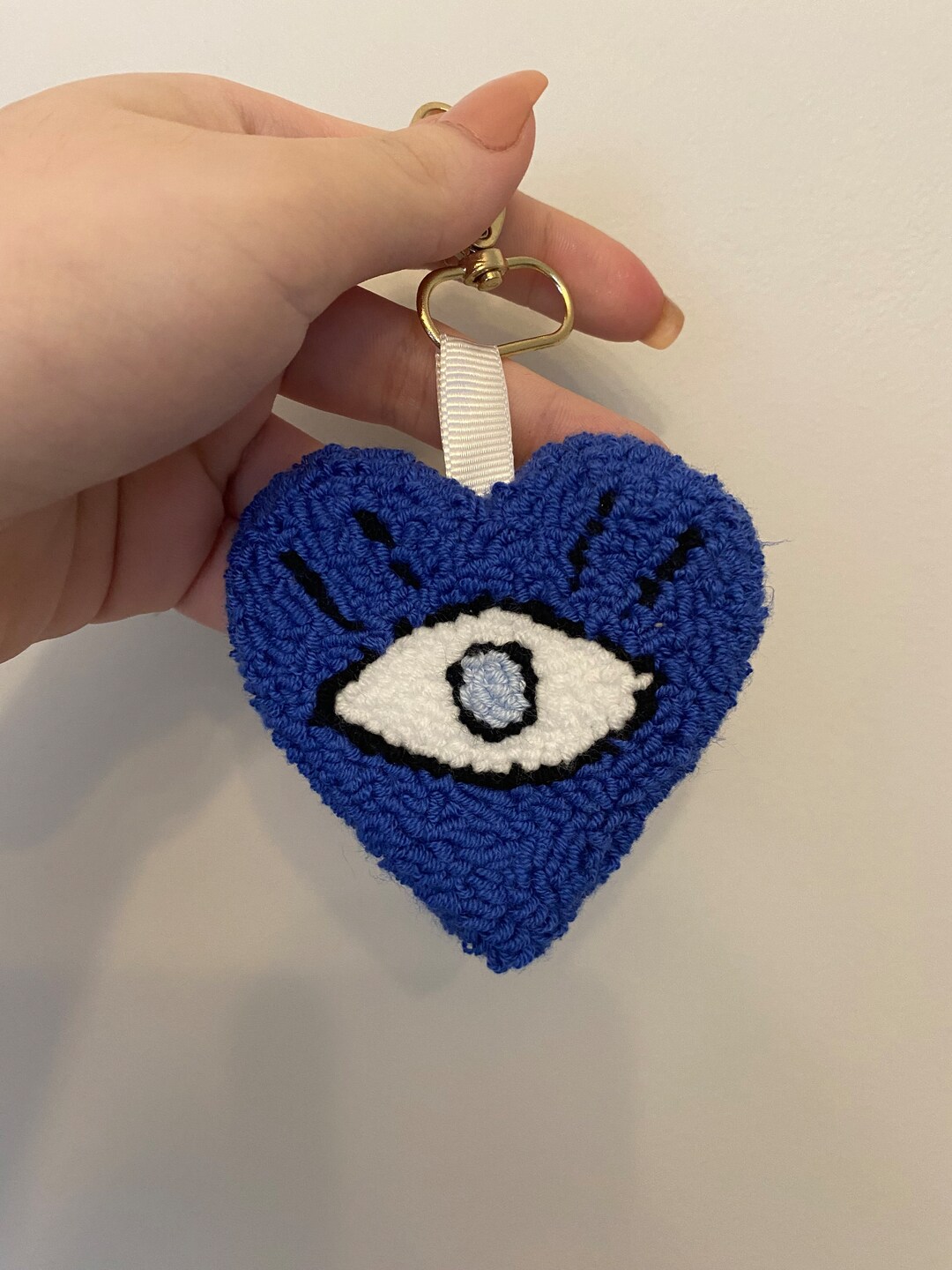 Blue Heart Evil Eye Punch Needle Keychain: Hand Tufted Bag Charm - Etsy