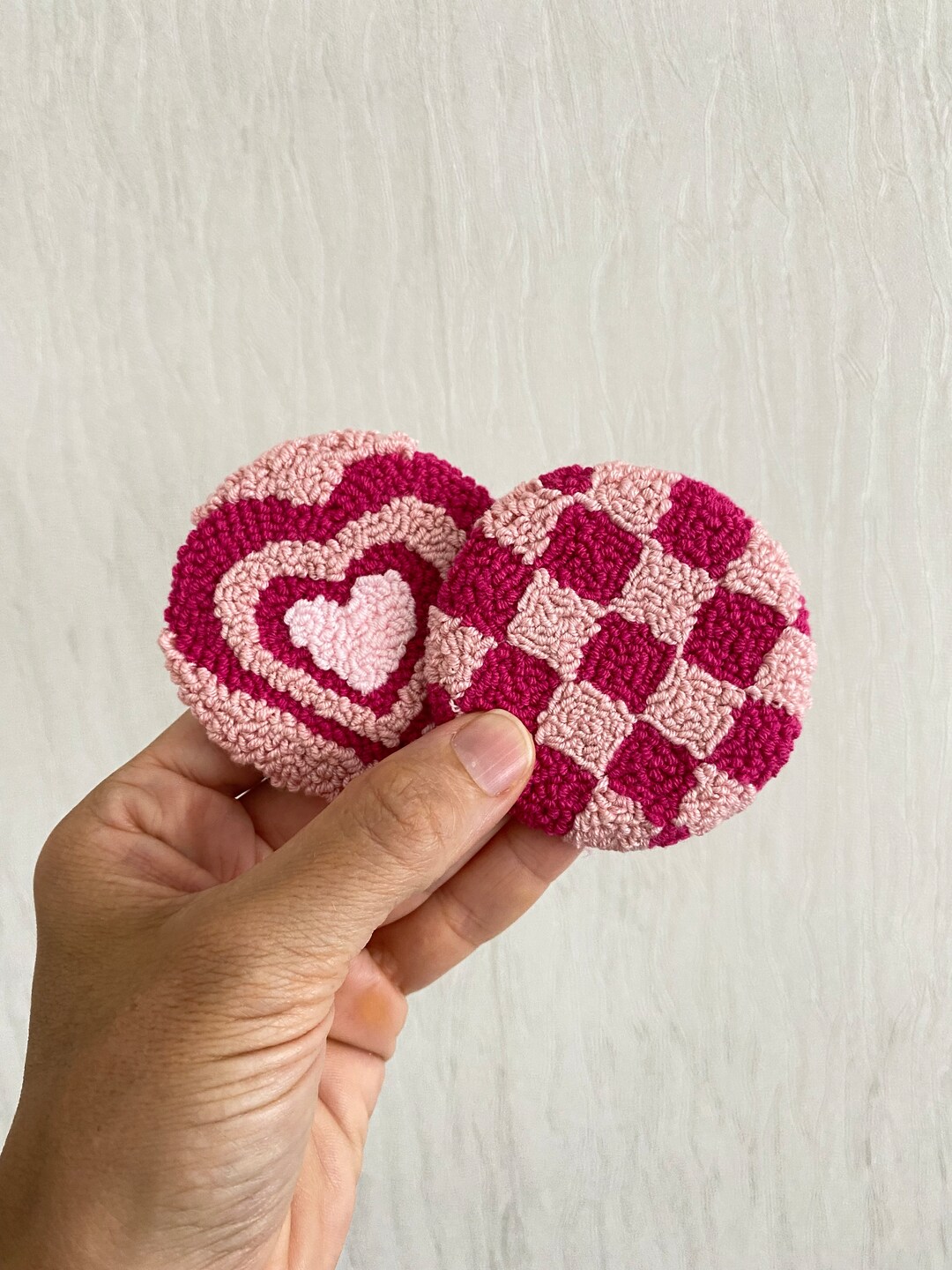Pink Heart and Checkered Punch Needle Set of 2 Car Coaster, Handmade Cute Car Accessory ...