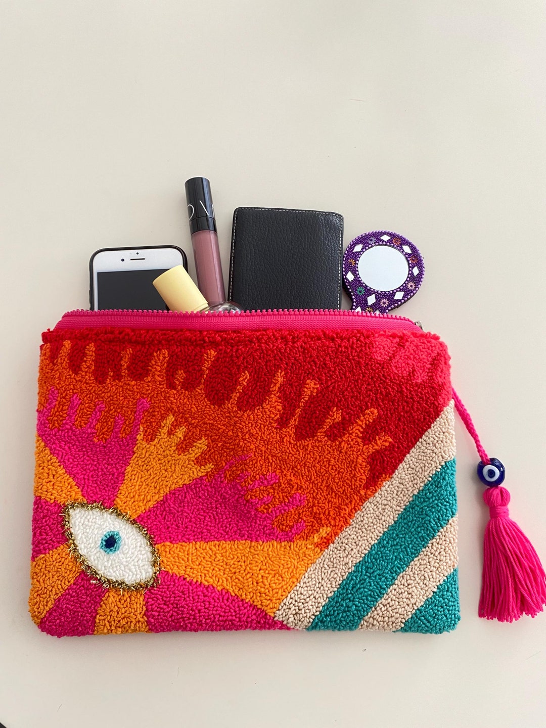 Evil Eye Punch Needle Clutch: Embroidered Linen Makeup Bag - Etsy