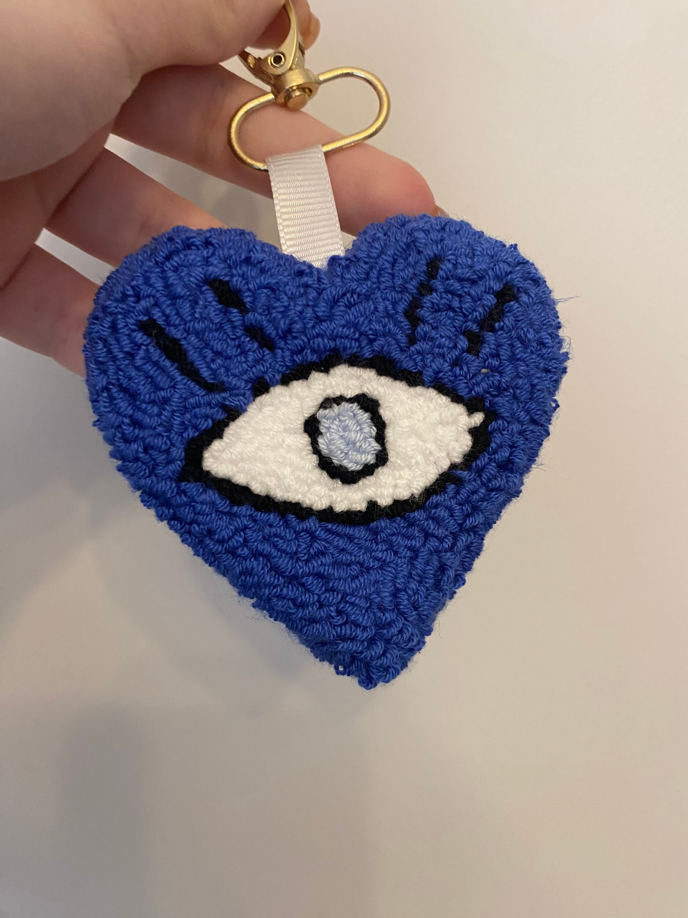 Blue Heart Evil Eye Punch Needle Keychain: Hand Tufted Bag Charm - Etsy