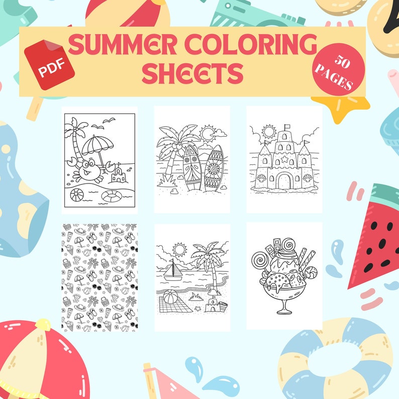 Summer Fun Coloring Page Set - Instant Download - Pool Party Activity ...