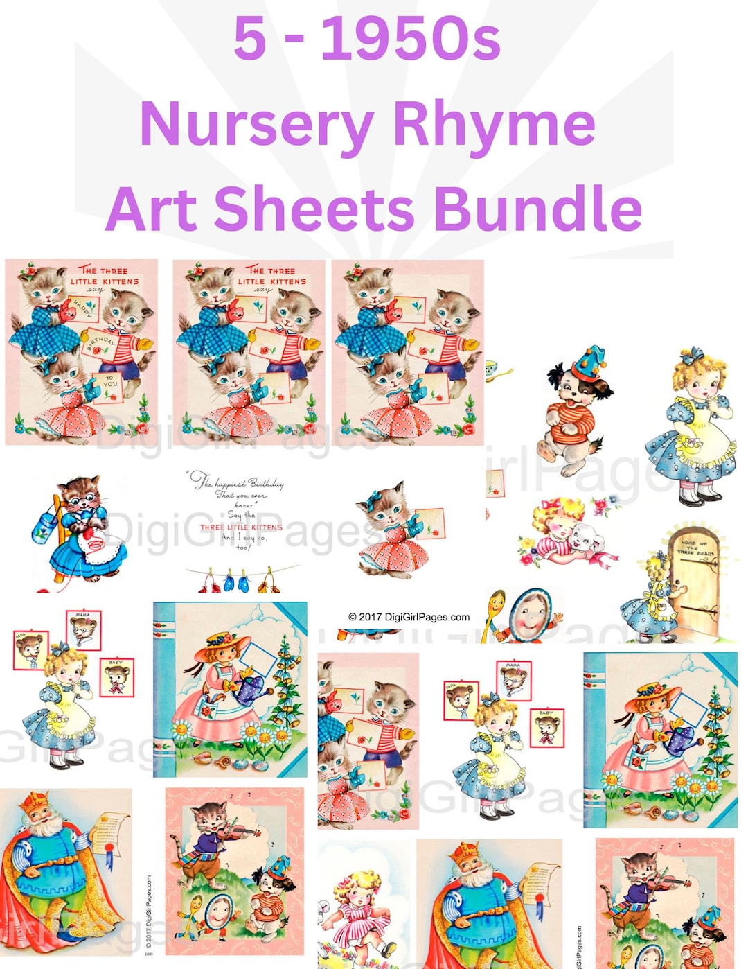 1950s Three Little Kittens Nursery Rhyme Clip Art, 5 Vintage Art ...