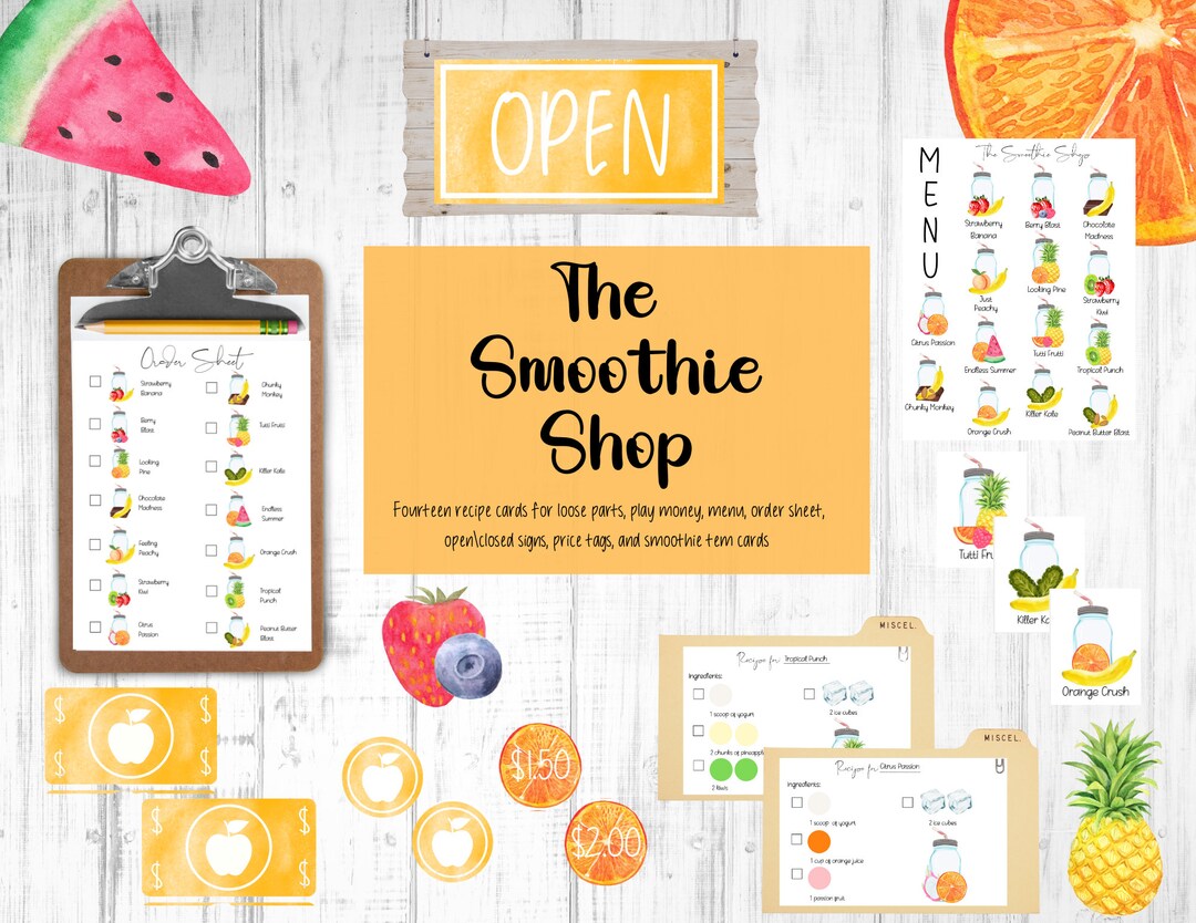 Smoothie Pretned Play Shop, Loose Parts Recipe Cards, Loose Parts Play ...