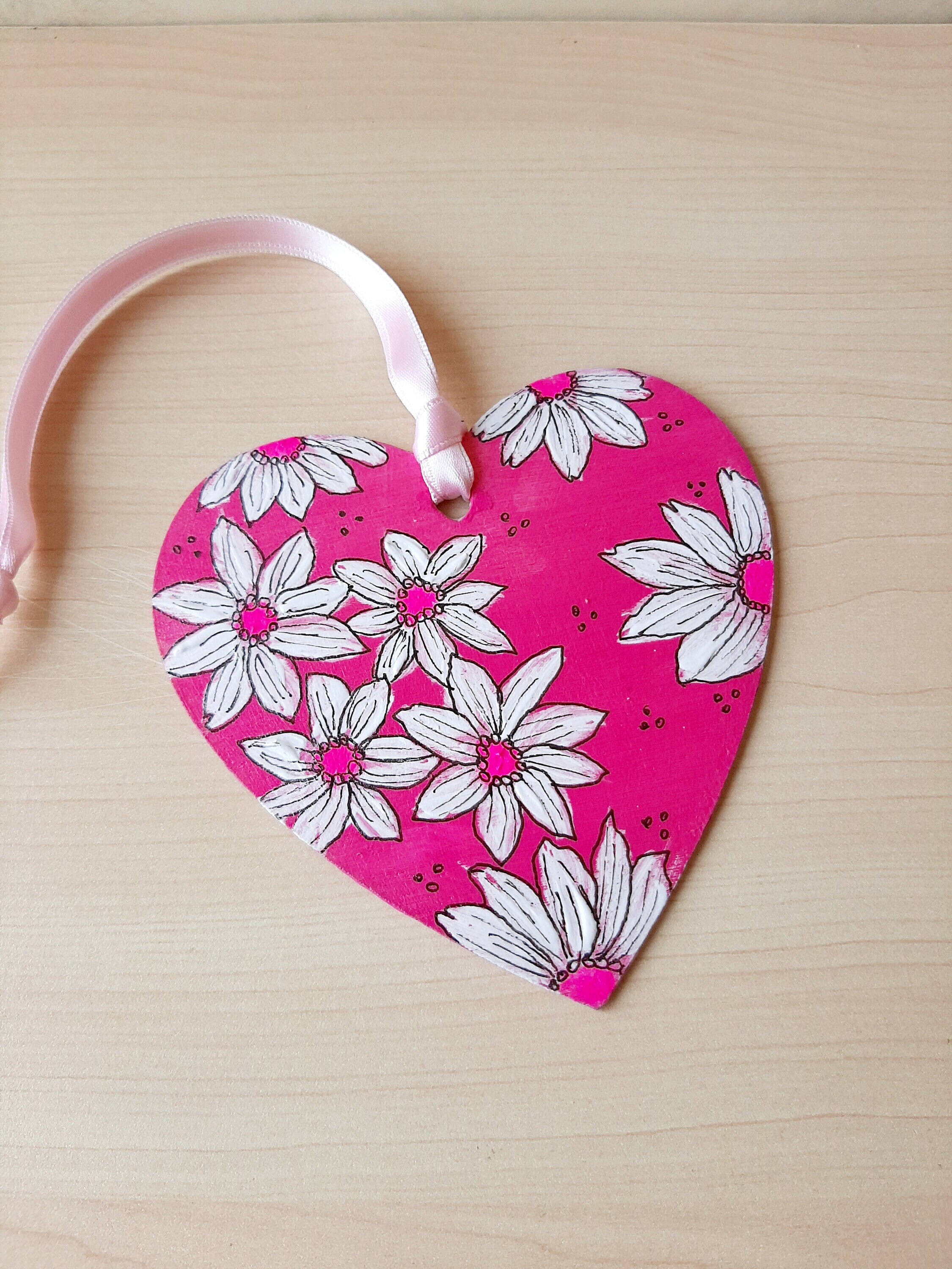 Hand Painted Pink Heart, Wooden Heart Gifts, Small Heart Ornament ...