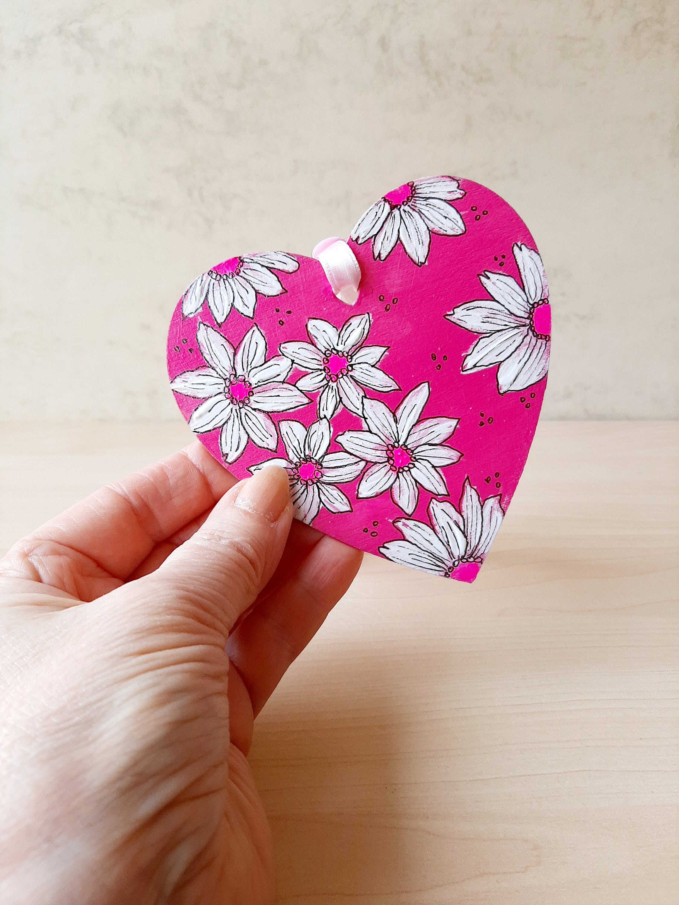 Hand Painted Pink Heart Wooden Heart Ornament small Wooden Heart ...