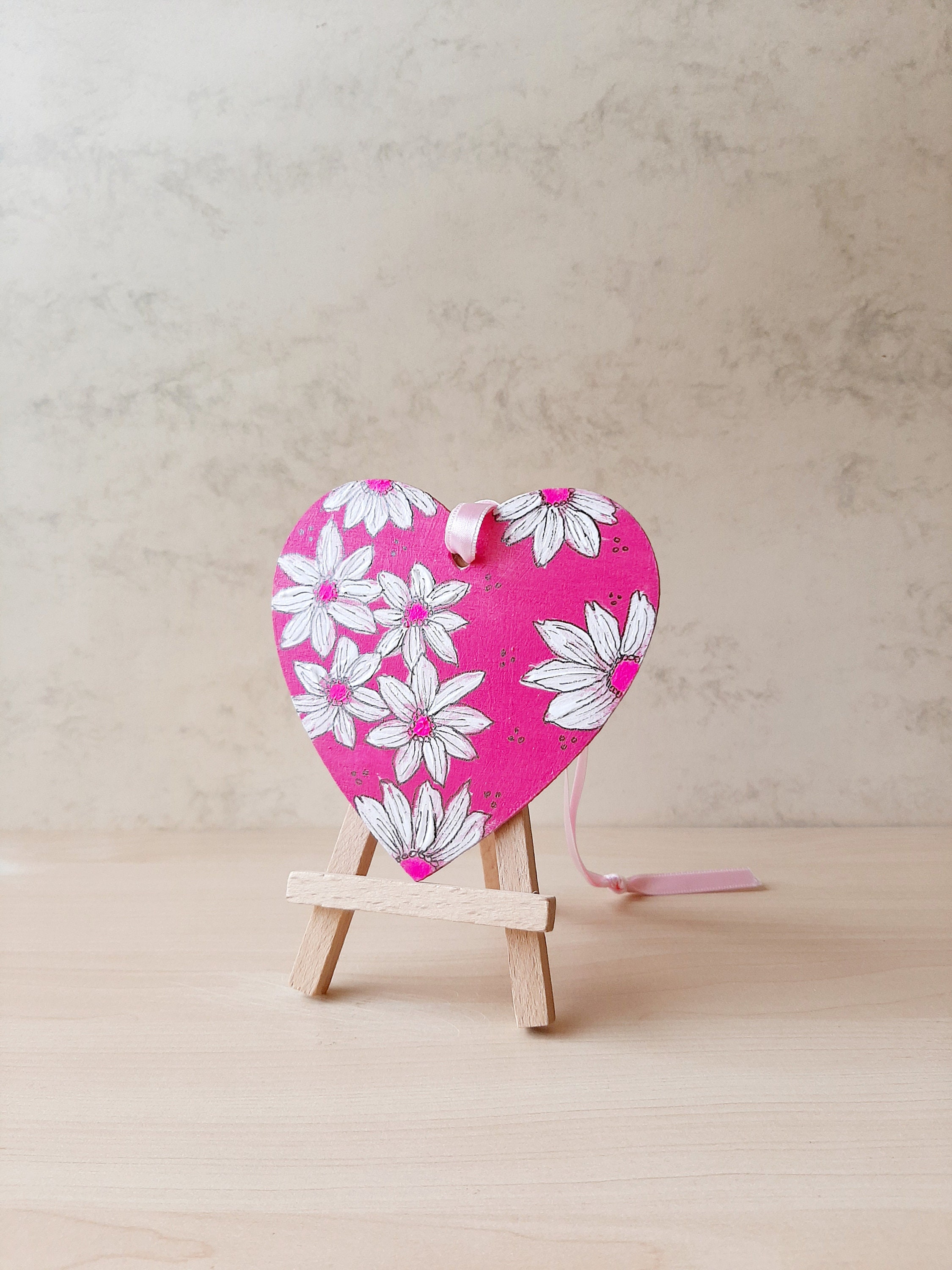 Hand Painted Pink Heart, Wooden Heart Gifts, Small Heart Ornament ...