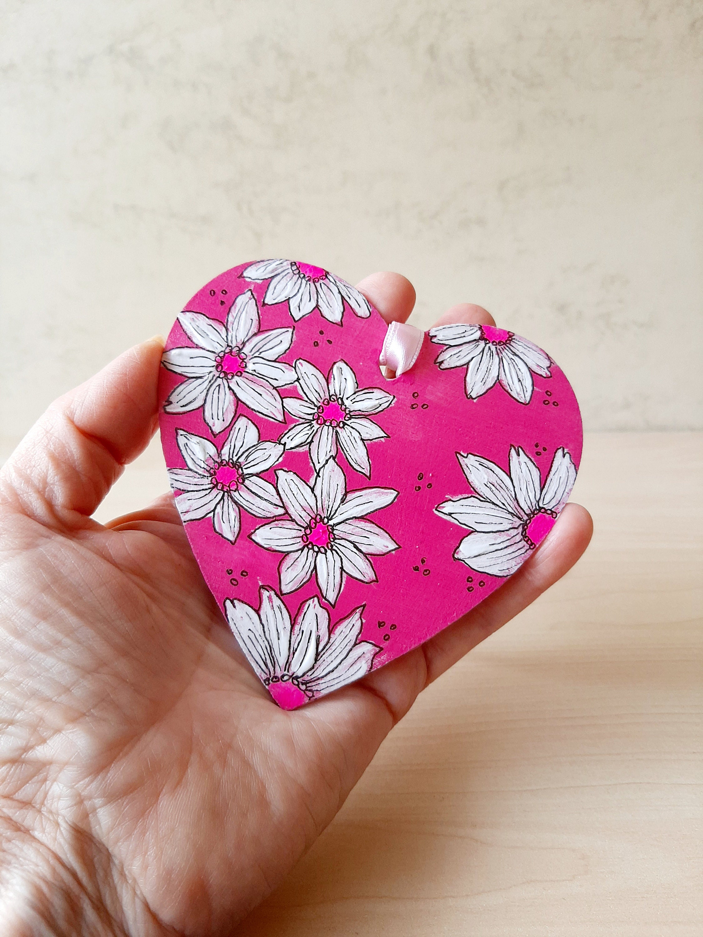 Hand Painted Pink Heart Wooden Heart Ornament small Wooden Heart ...