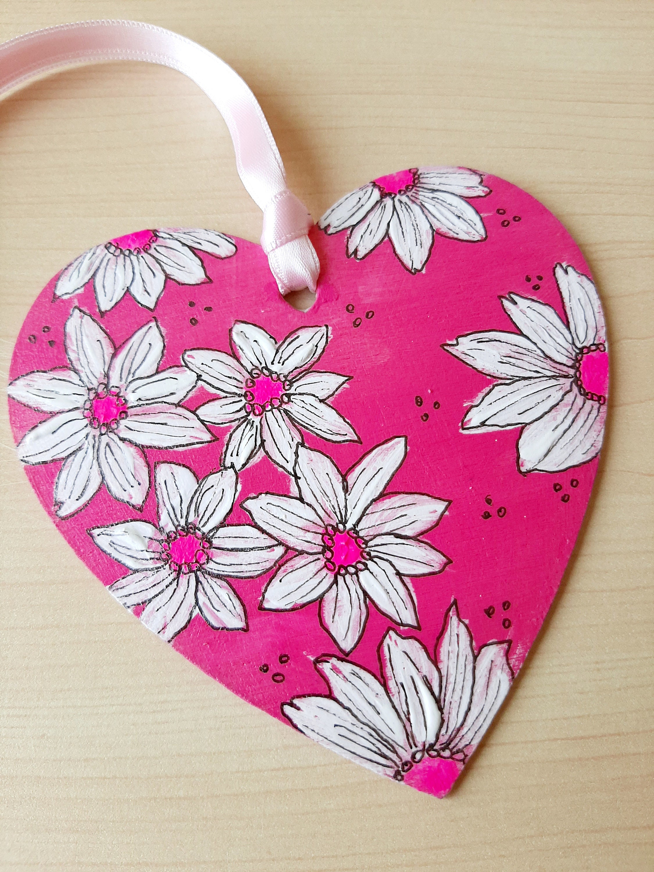 Hand Painted Pink Heart Wooden Heart Ornament small Wooden Heart ...