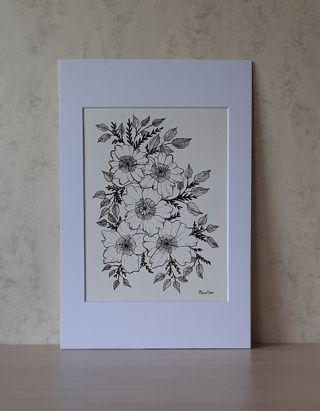Fine Line Flower Drawing: Black Ink Floral Art, Ready to Frame - Etsy