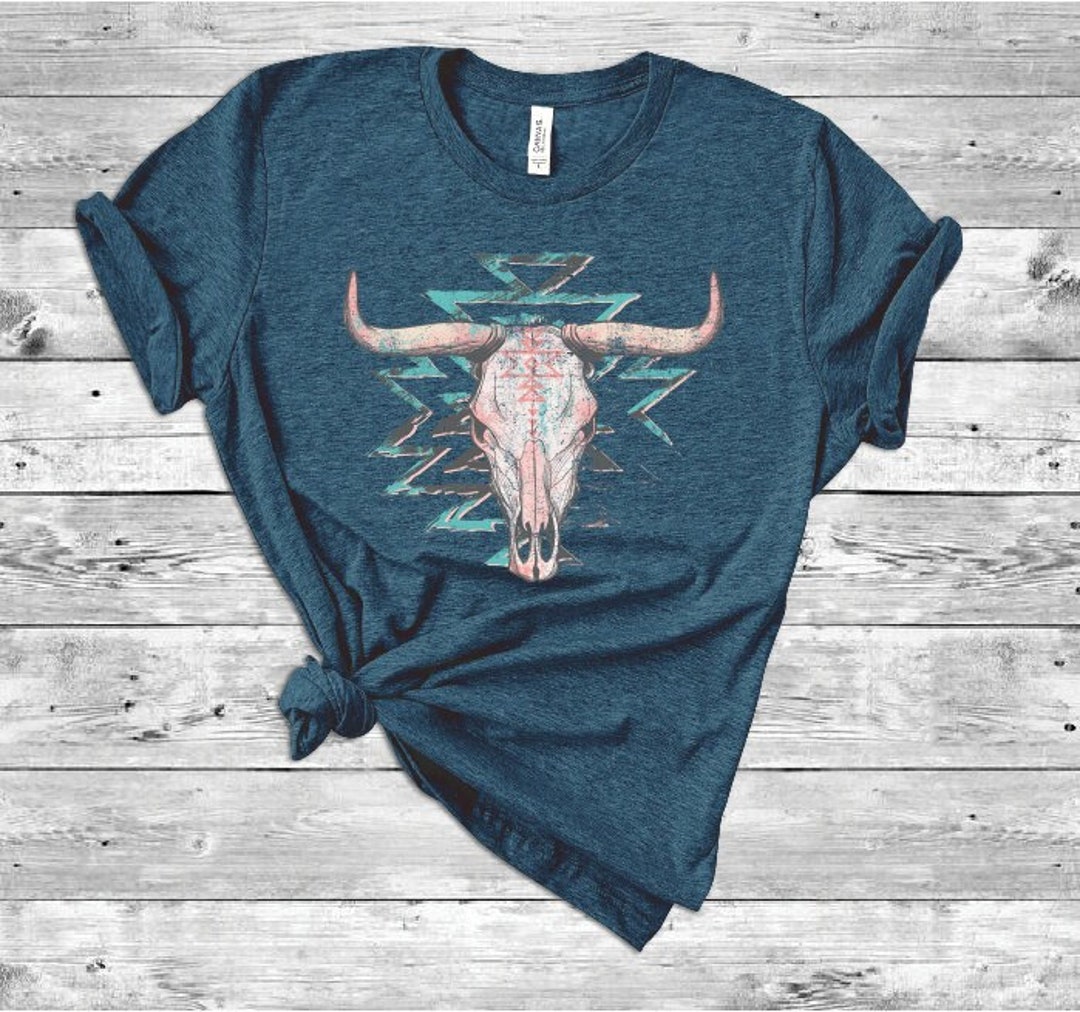 Western Aztec Bull Horns Short Sleeve Tee, Cowgirl Southern Country ...