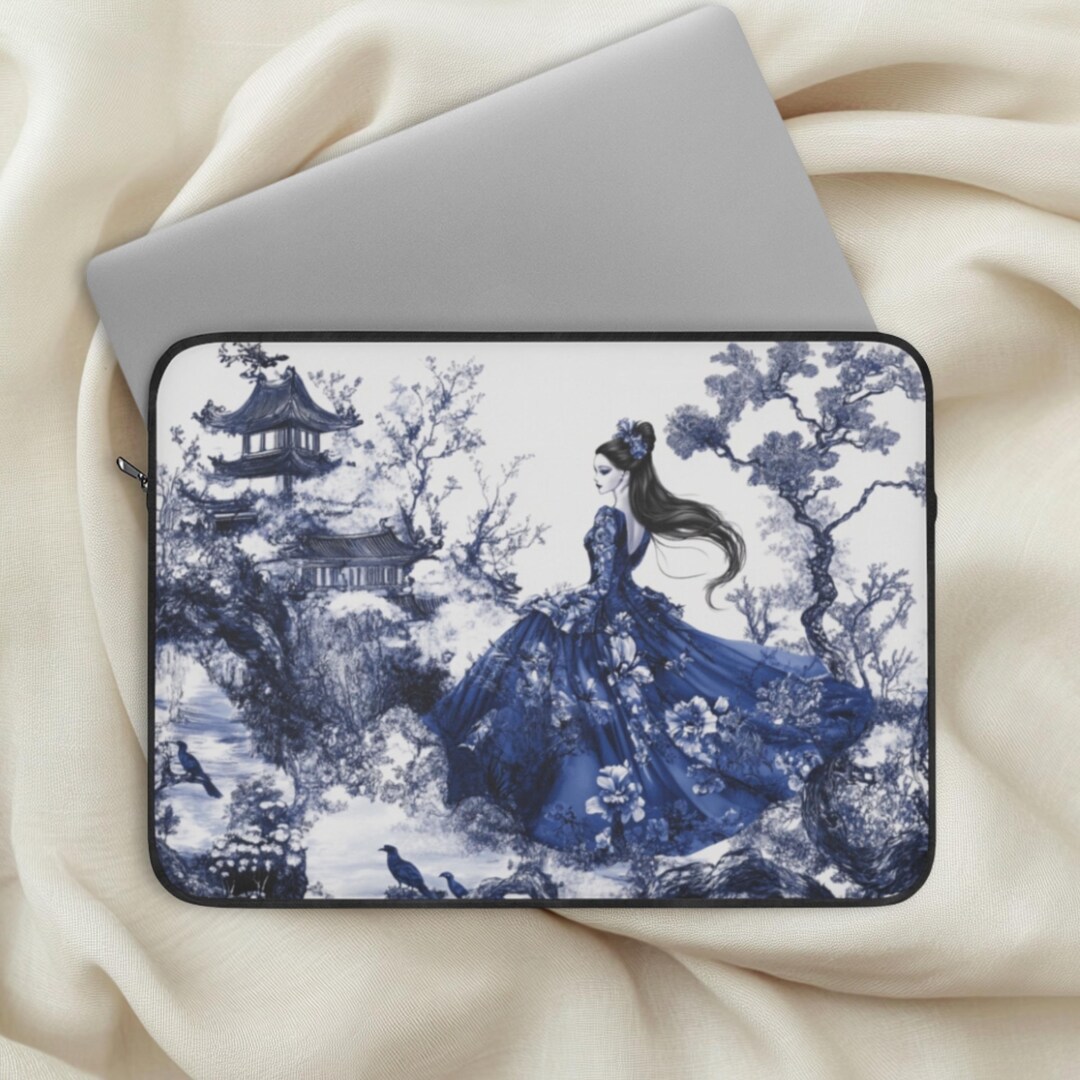 Pagoda Chinoiserie Laptop Sleeve Asian Woman Elegant Blue Laptop Case ...