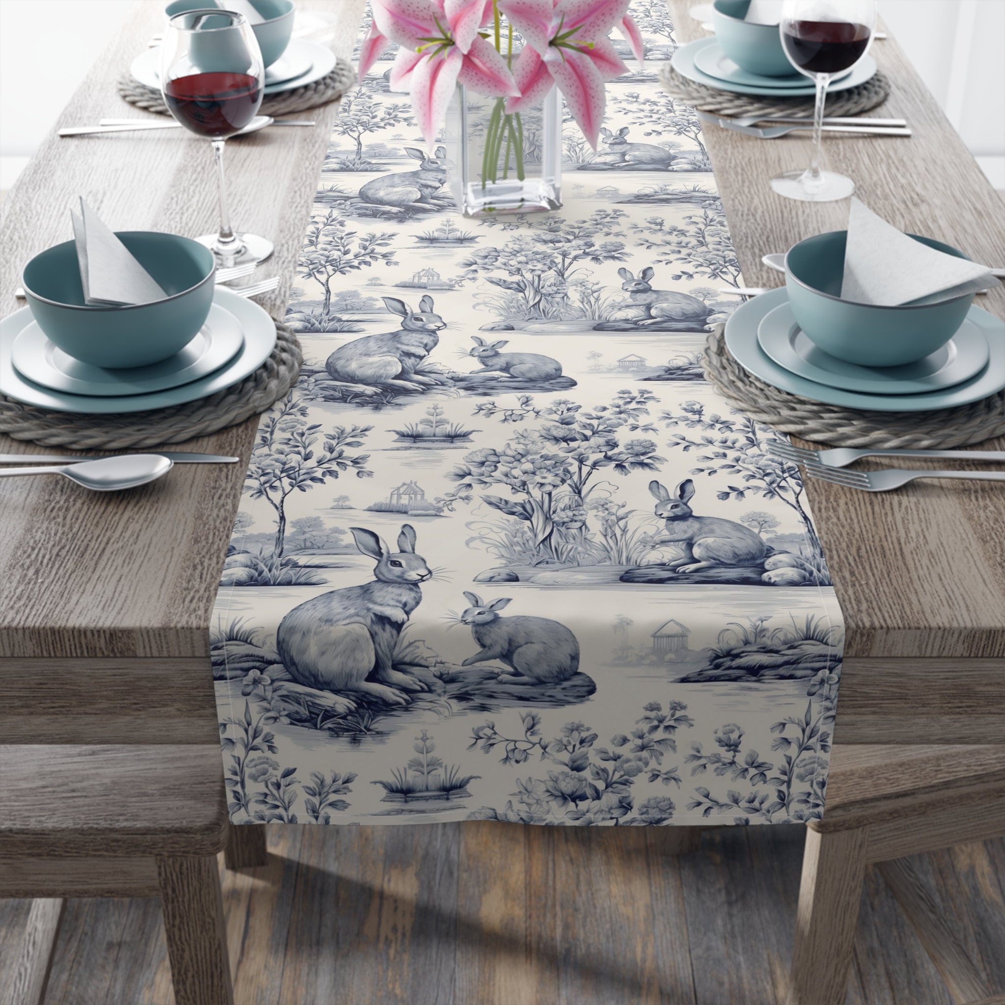 Easter Table Runner Easter Jouy Table Runner Floral Easter Rabbits ...