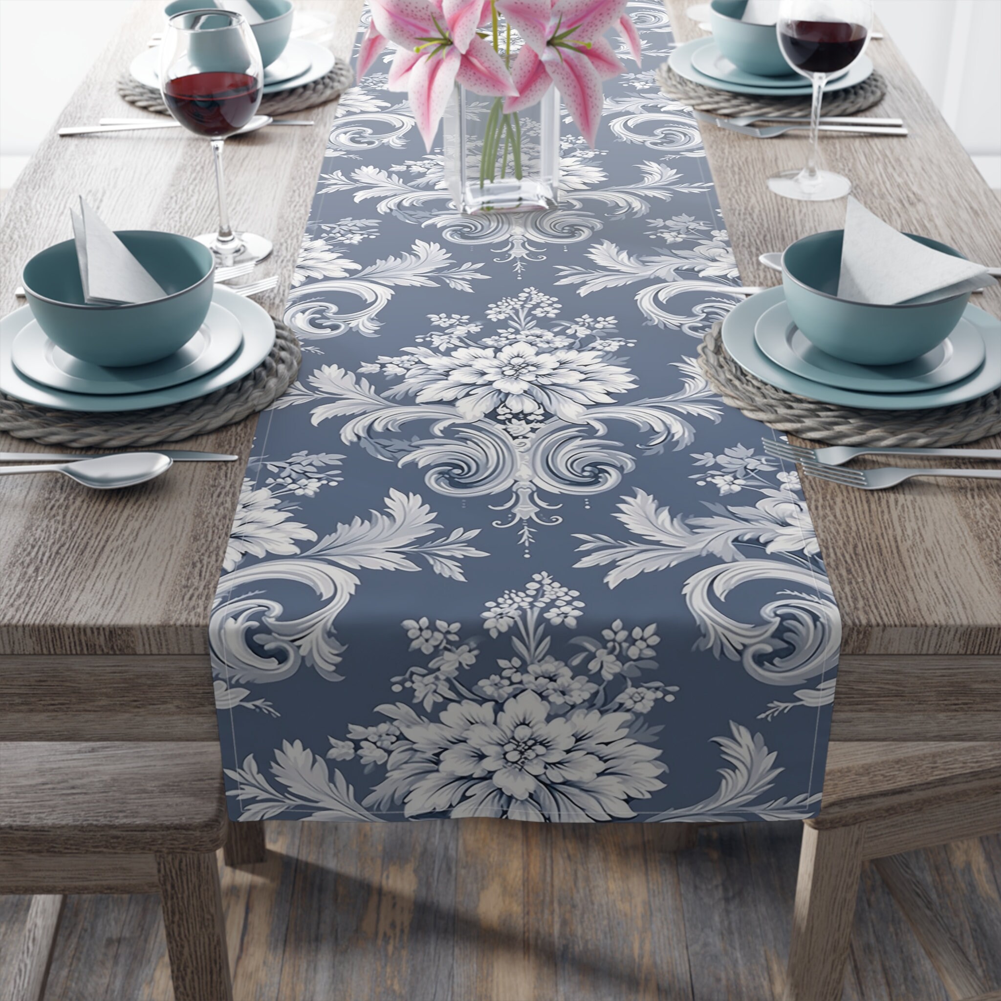 Blue French Table Runner Chic Table Versailles Runner Floral Blue ...