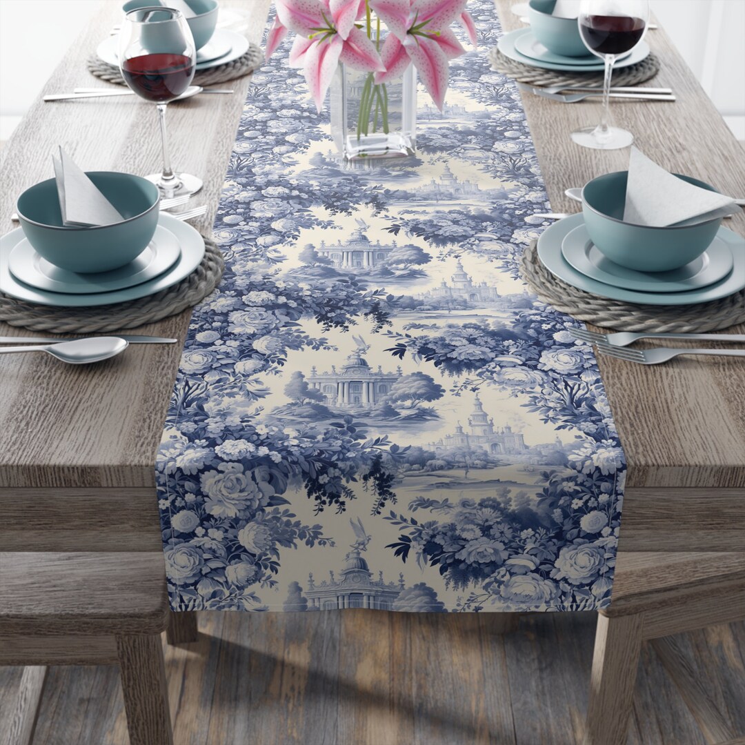 Blue Floral Table Runner French Toile Blue Dining Decor Wedding Table ...