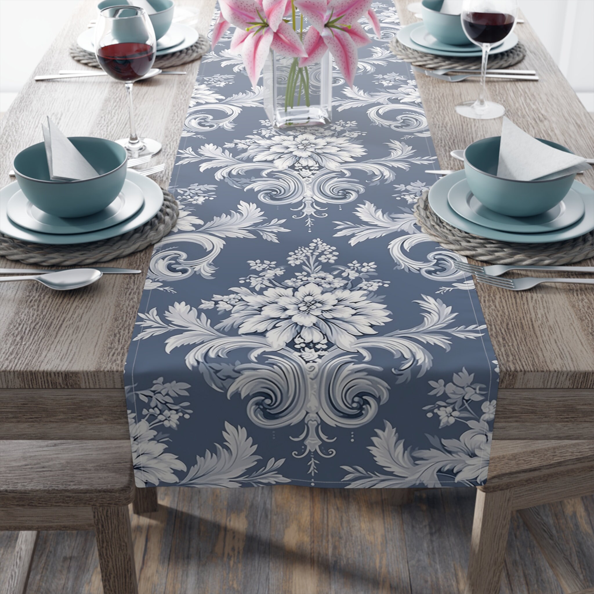 Blue French Table Runner Chic Table Versailles Runner Floral Blue ...