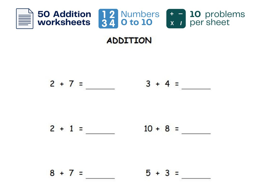 50 Addition Worksheets With Answers. Numbers 0-10. Grade - Etsy