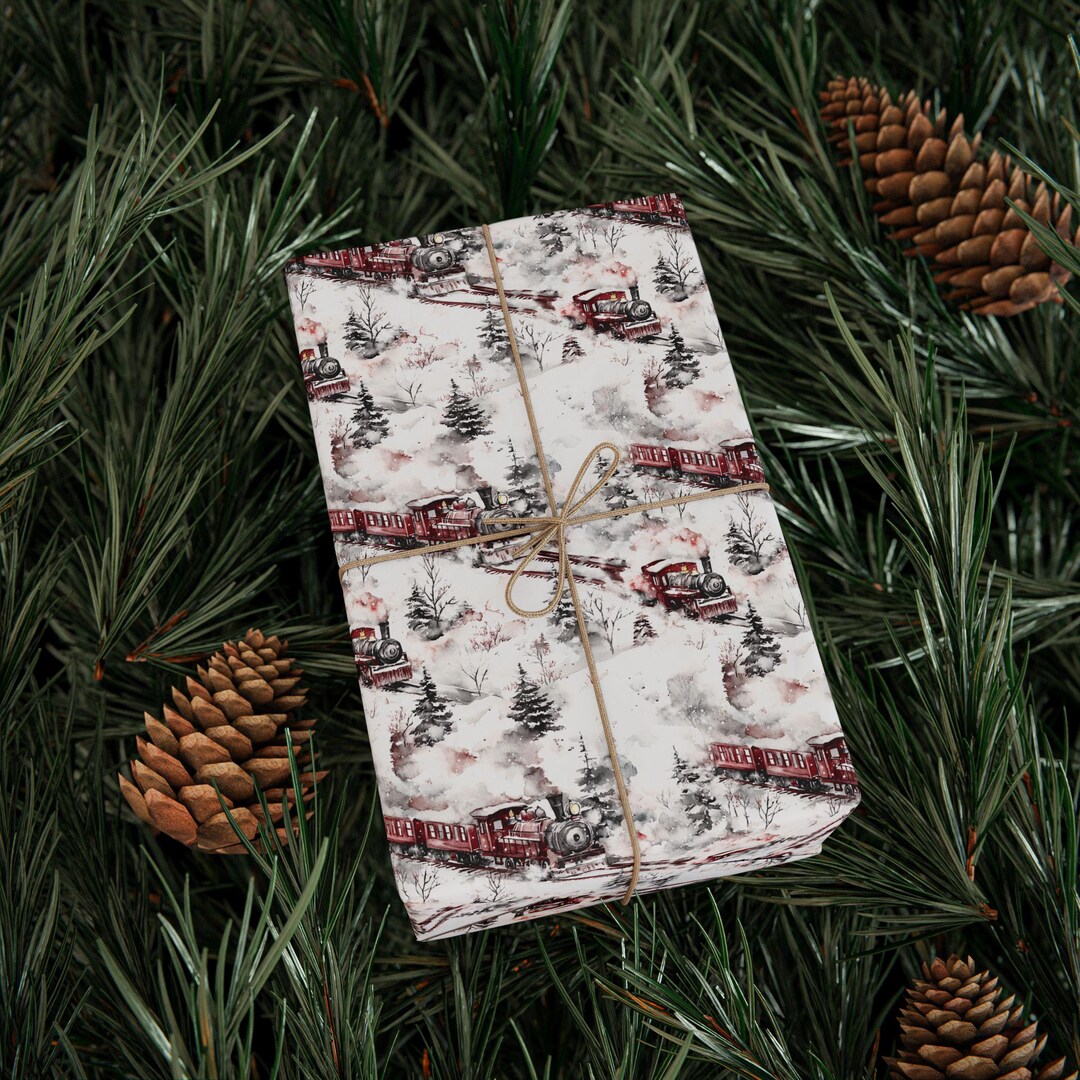 Train Wrapping Paper Christmas Vintage Gift Wrap Red Train Winter Gift ...