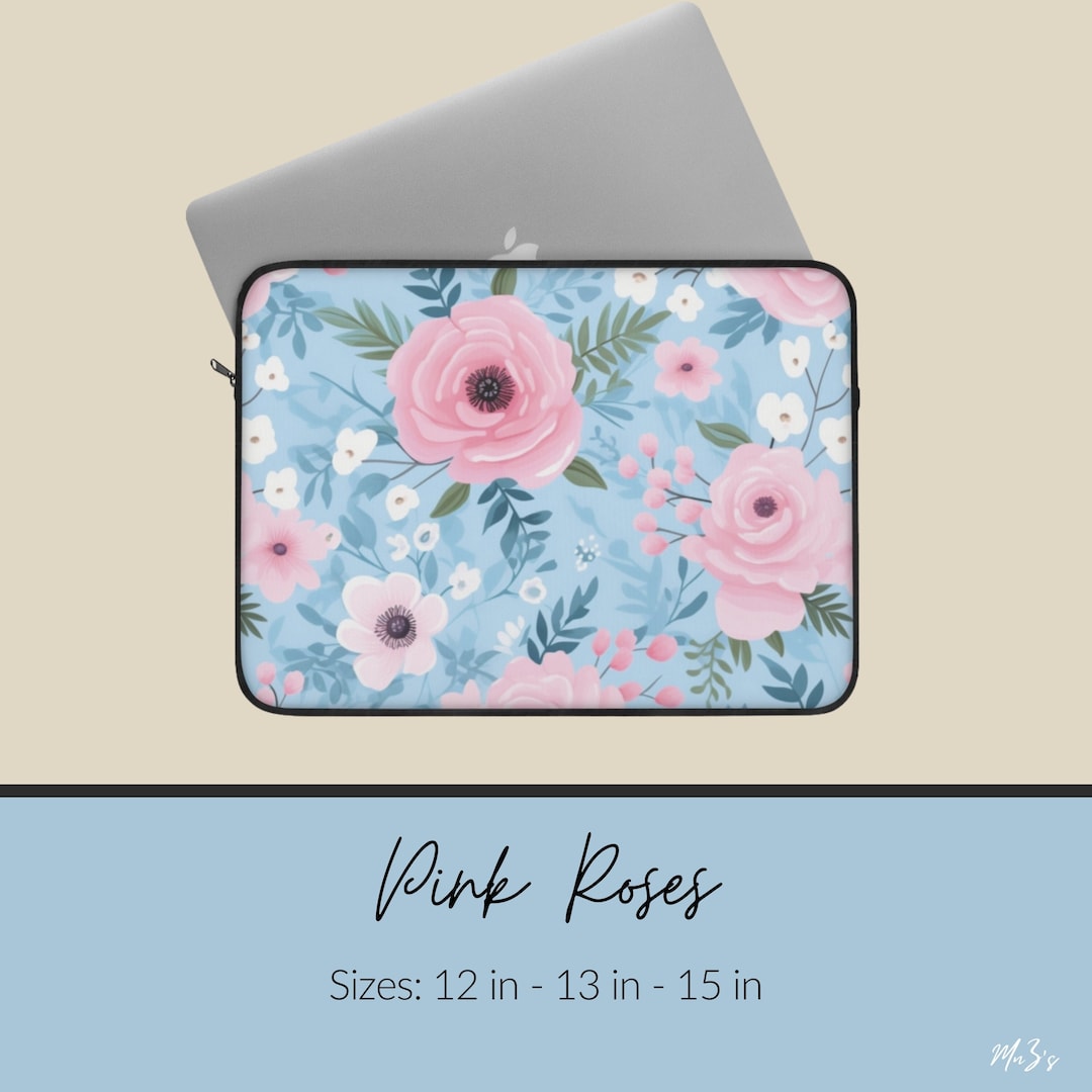 Pink Roses Laptop Sleeve Floral Laptop Blue Background Sleeves Pink ...