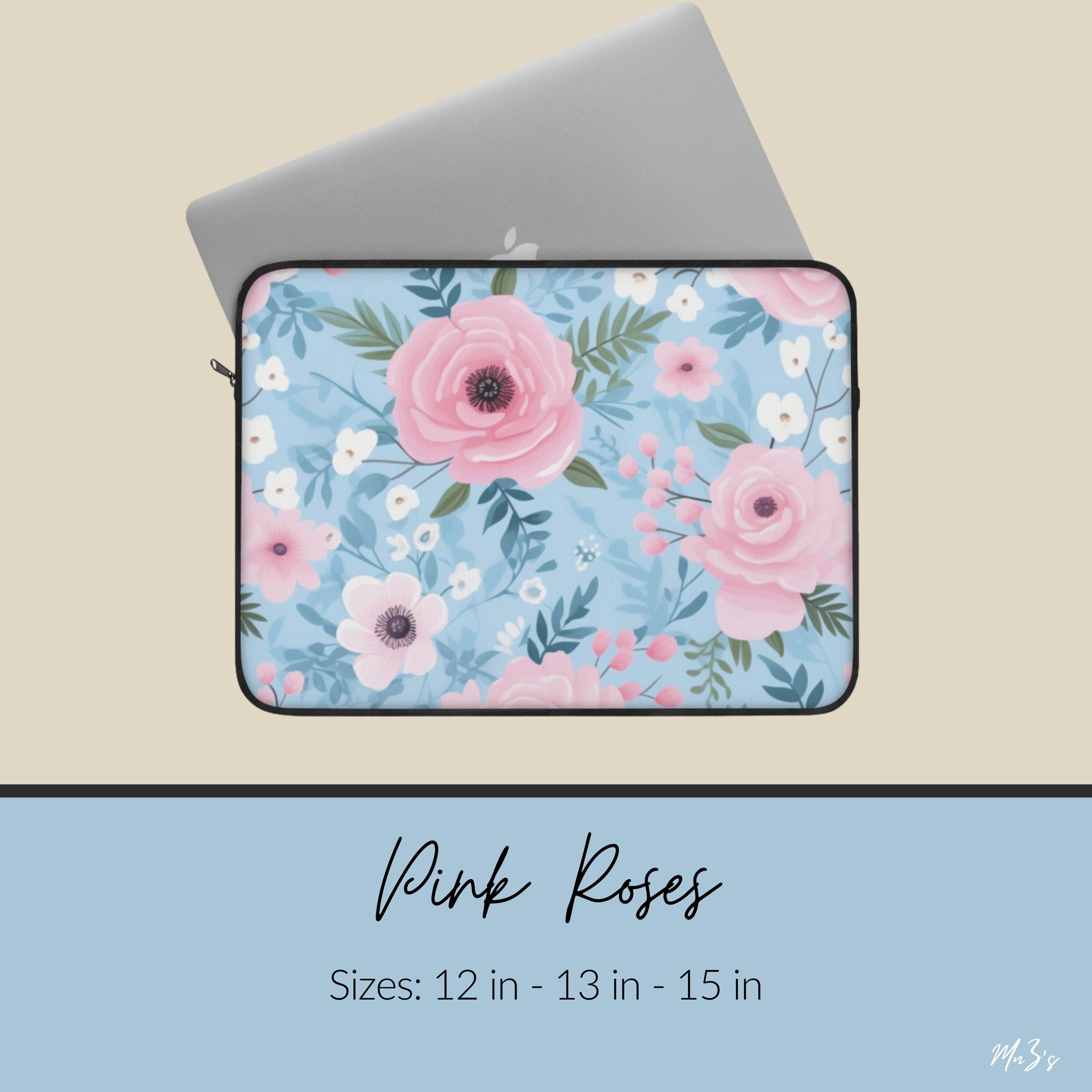 Pink Roses Laptop Sleeve Floral Laptop Blue Background Sleeves Pink ...