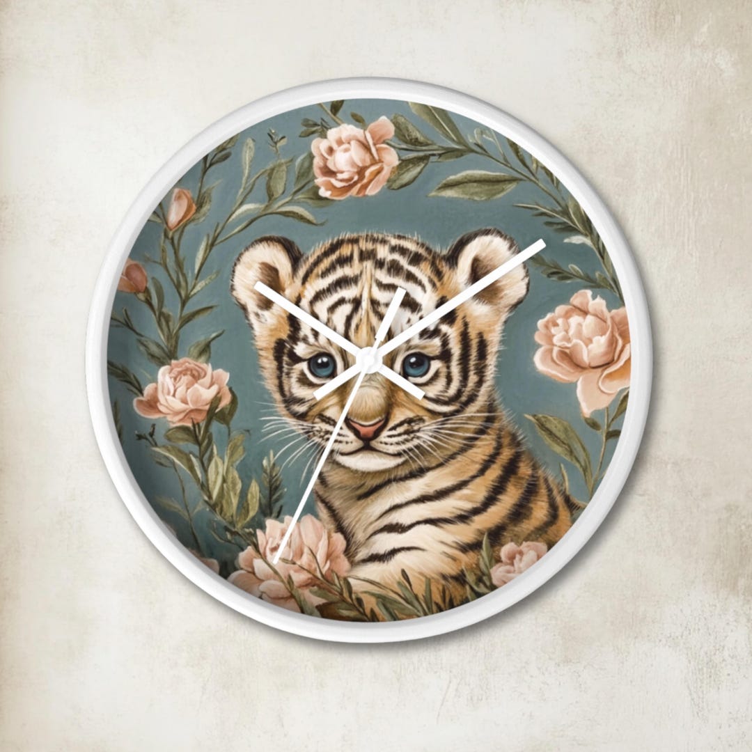 Baby Tiger Wall Clock Tiger Cub Wall Decor Floral Animal Wall Clock for ...