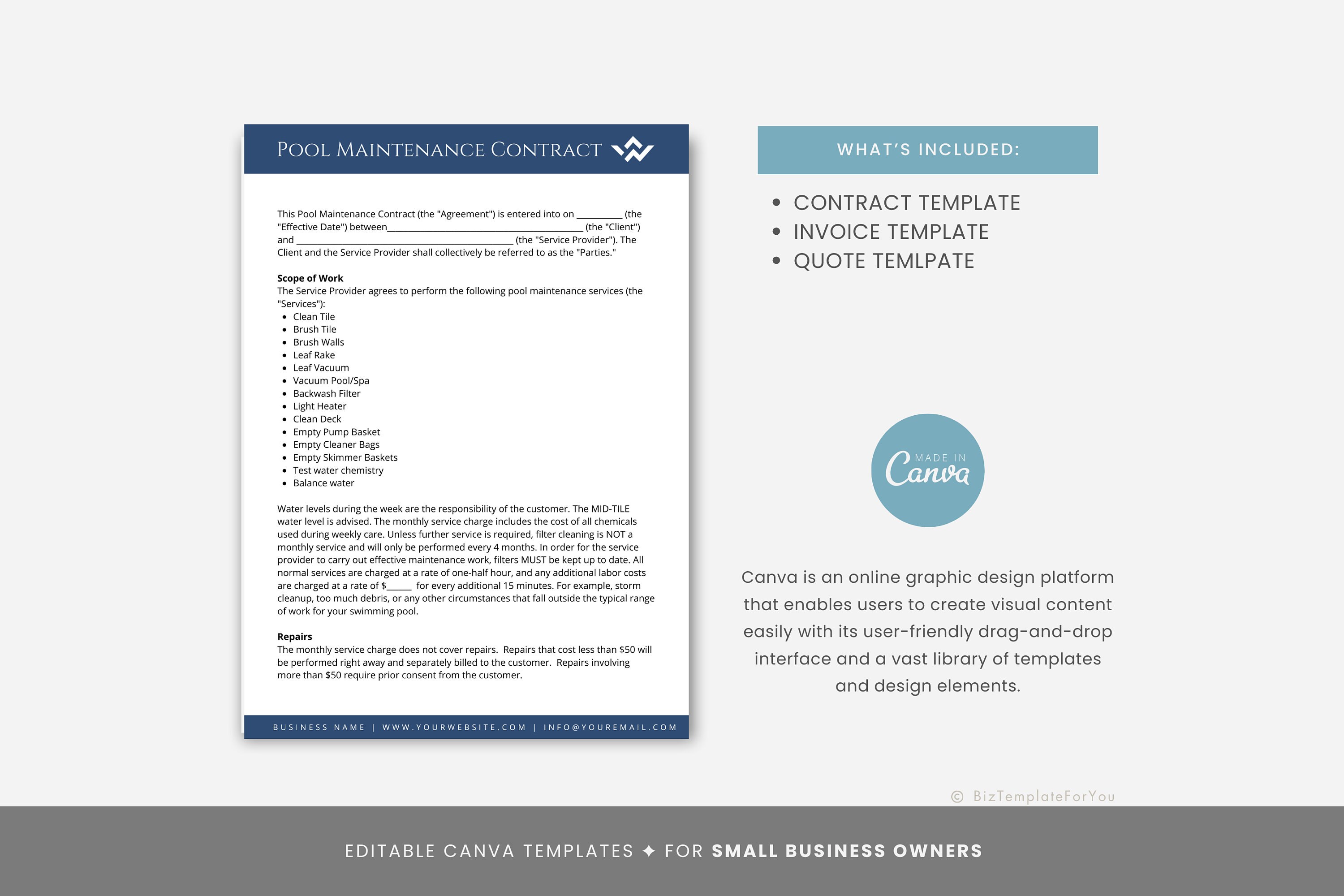 Editable Pool Service Contract Template, Residential Pool Maintenance ...