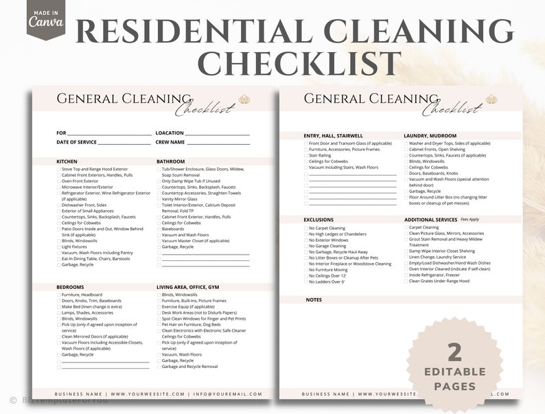 Residential General Cleaning Checklist Editable House - Etsy