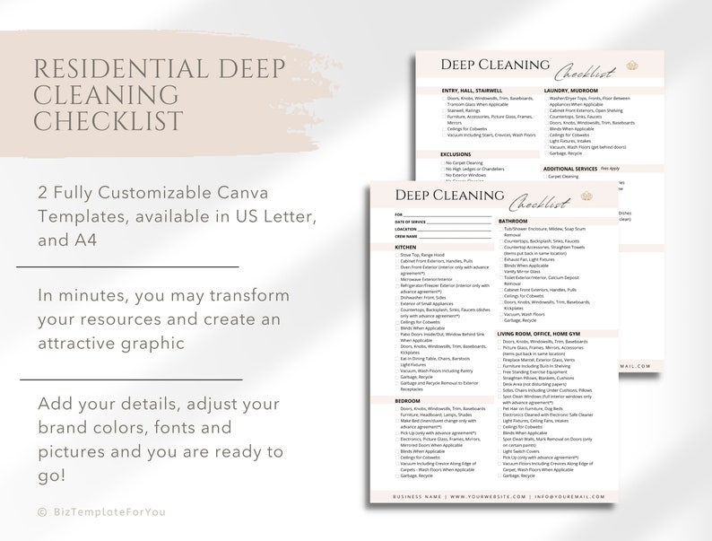 Residential Deep Cleaning Checklist Editable House Cleaning - Etsy