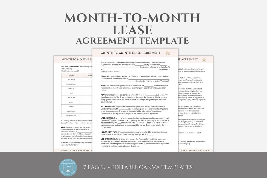 Editable Month to Month Lease Agreement Template, Monthly Rental ...