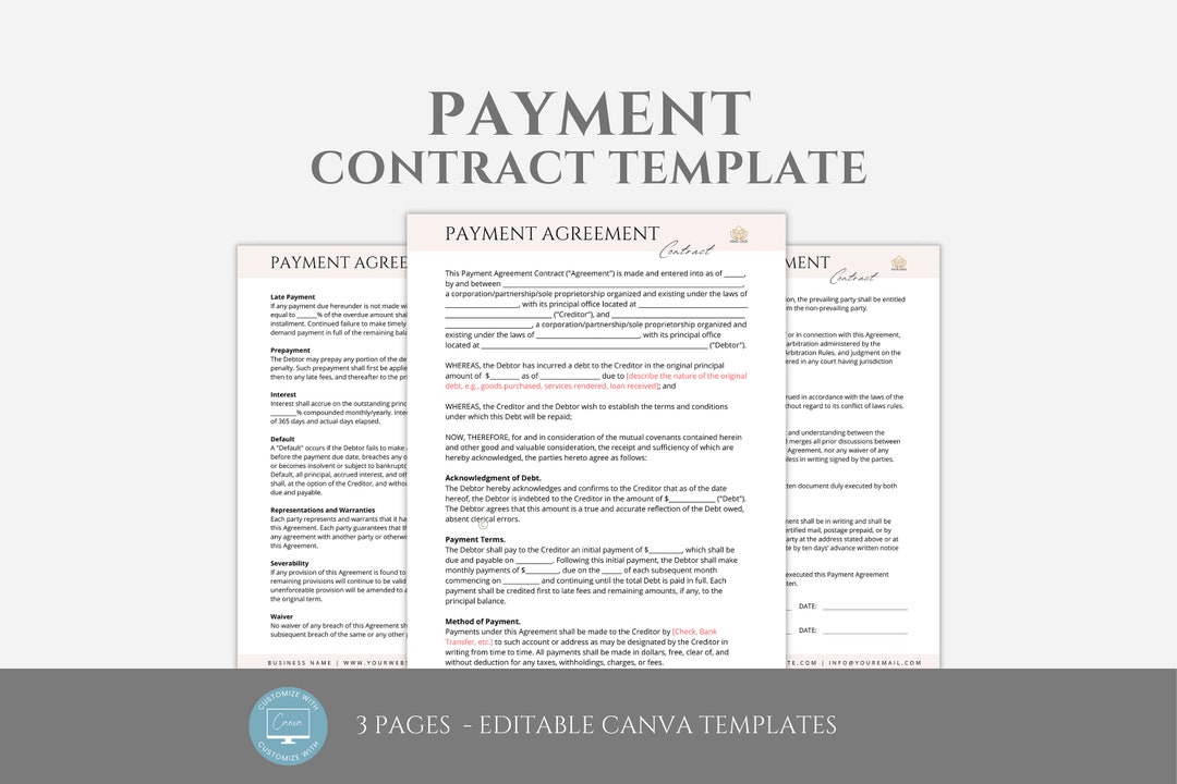 Editable Payment Contract Template, Payment Plan Agreement, Repayment ...