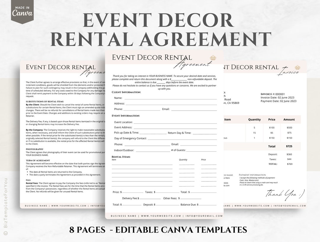 Editable Event Decor Rental Agreement Party Equipment Rental - Etsy