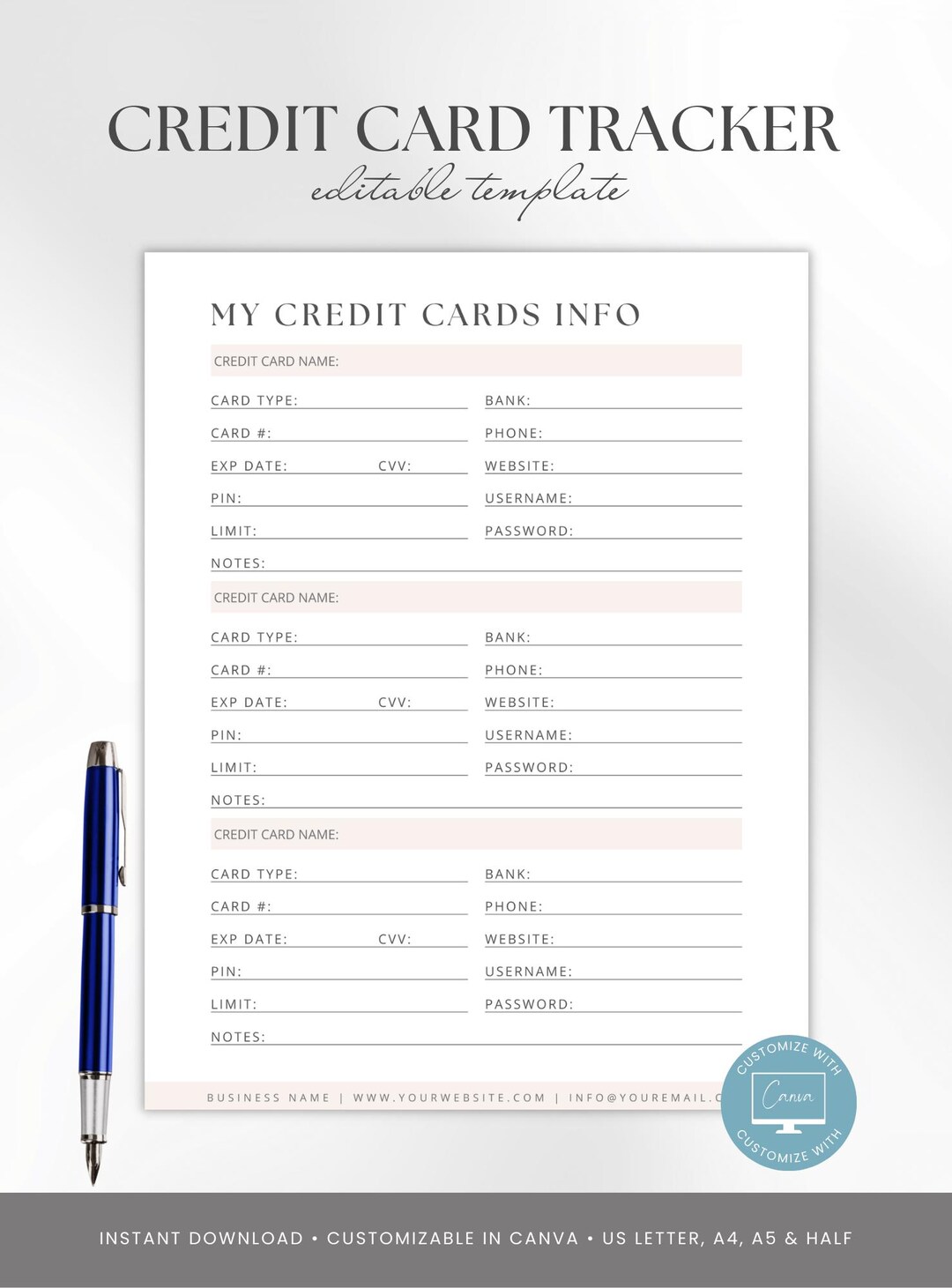 Credit Card Info Tracker, Editable Canva Template, Digital Credit Card ...