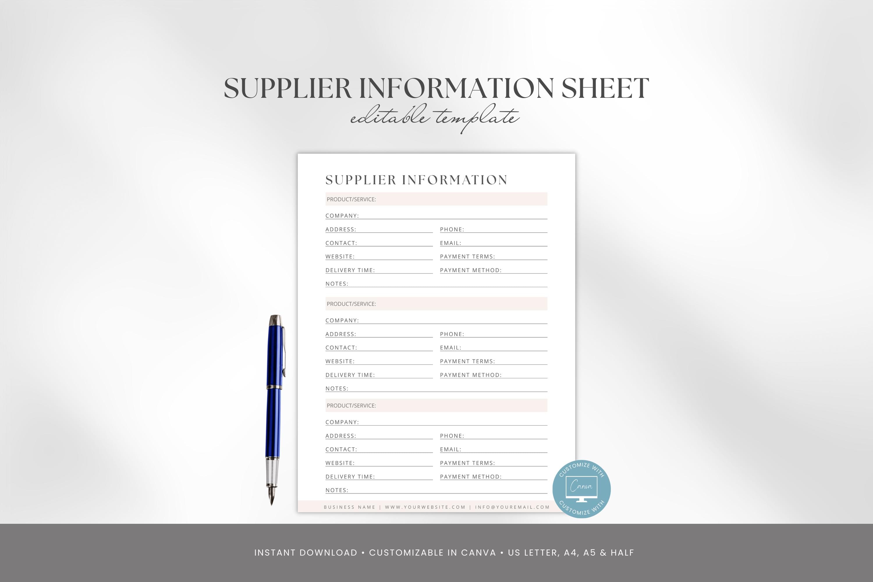 Editable Supplier Information Sheet Template, Vendor Contact Tracker ...