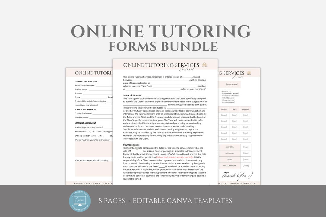 Editable Online Tutoring Forms Bundle, Tutoring Service Agreement ...