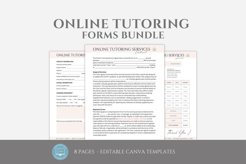 Editable Online Tutoring Forms Bundle, Tutoring Service Agreement ...