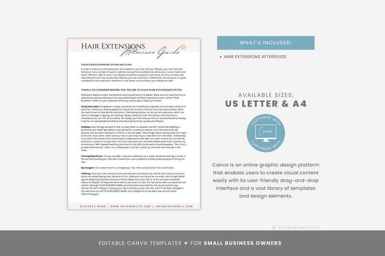 Editable Hair Extensions Aftercare Cards Template, Hair Extension Care ...