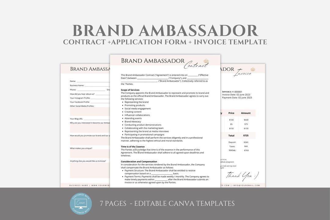Editable Brand Ambassador Contract Canva Template, Social Media ...